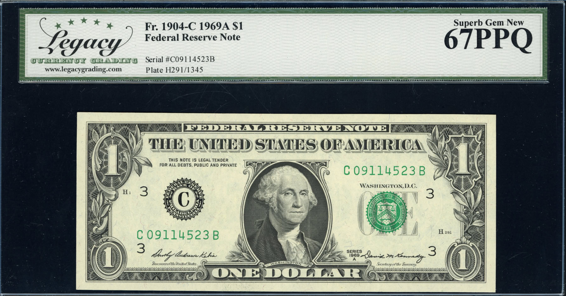 Fr. 1904-C (CB Block) 1969A $1 Philadelphia Federal Reserve Note Kabis ...