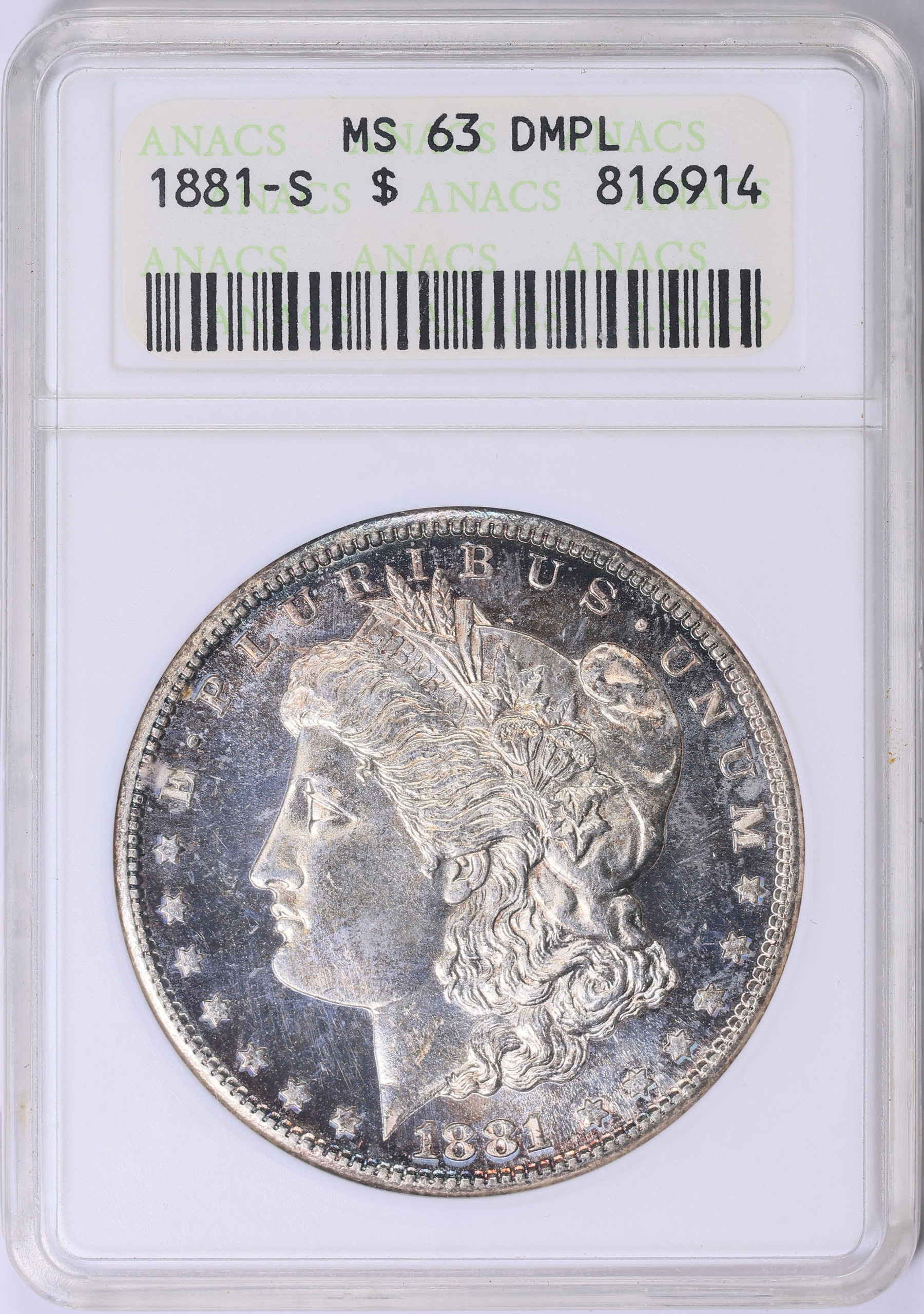 1881-S Morgan Silver Dollar ANACS MS-63 DMPL OH (Toned) (Item 1856621) | GreatCollections Coin ...