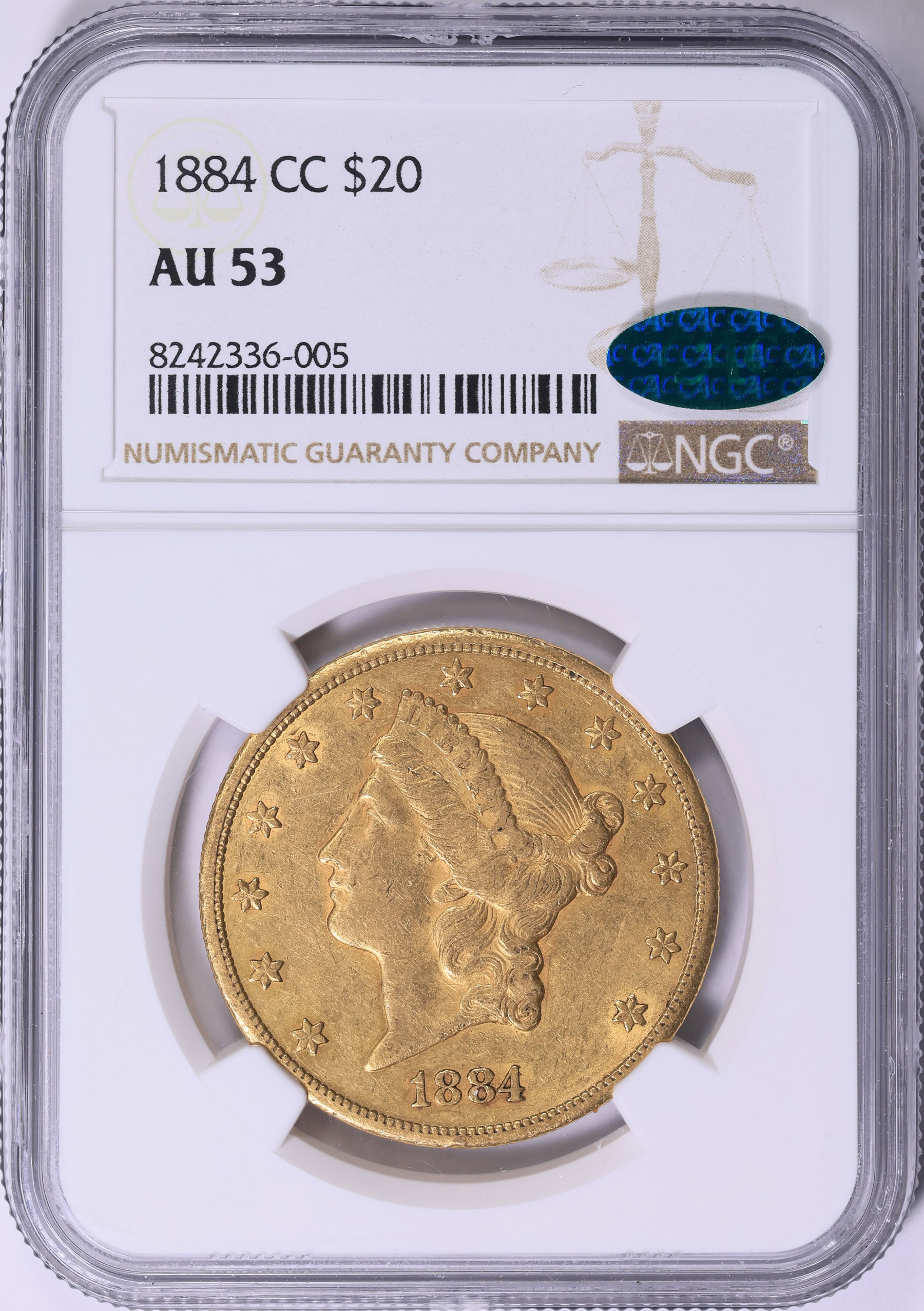1884-CC Liberty Gold Double Eagle NGC AU-53 (CAC Green) (Item 1856703) | GreatCollections Coin ...