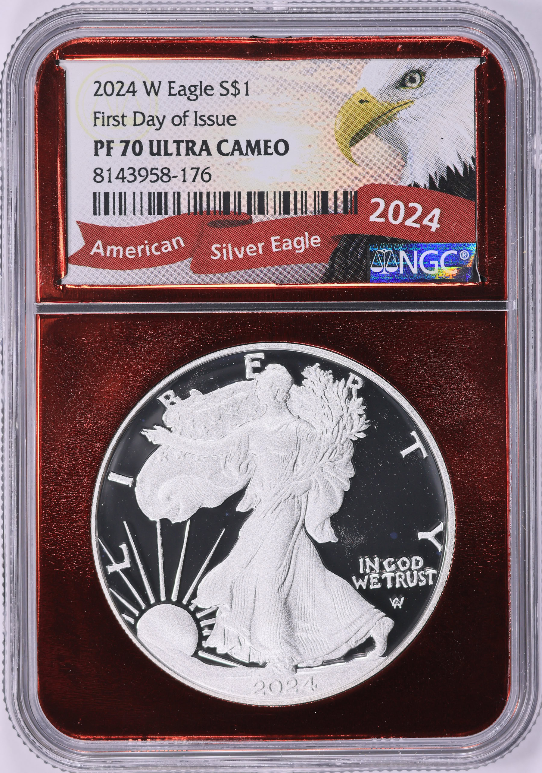 2024-W $1 Silver Eagle First Day Of Issue NGC Proof-70 UC (Eagle Label) (Red Foil Frame Holder ...