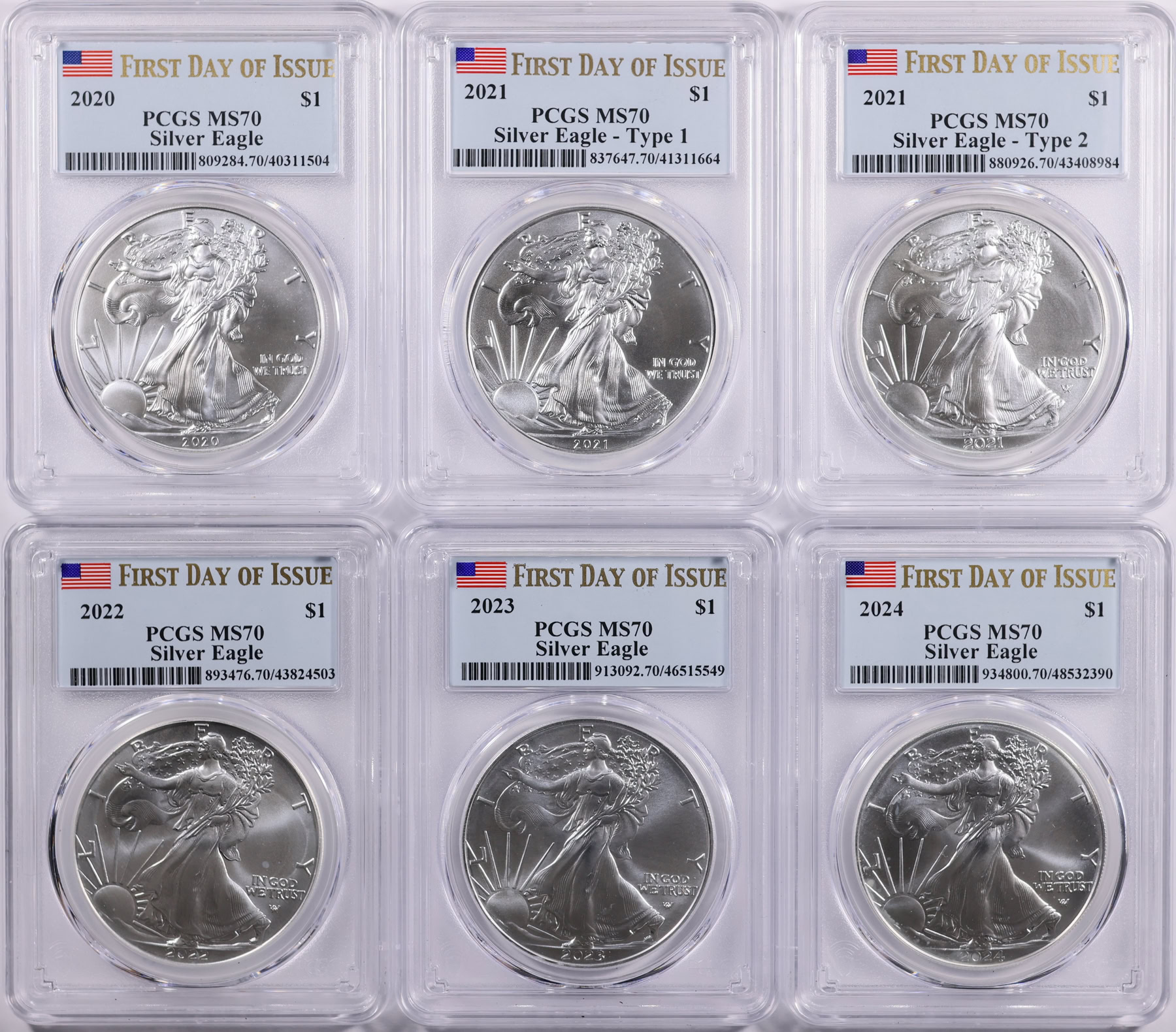 2020, 2021 Type 1, 2021 Type 2, 2022, 2023 and 2024 $1 Silver Eagle ...