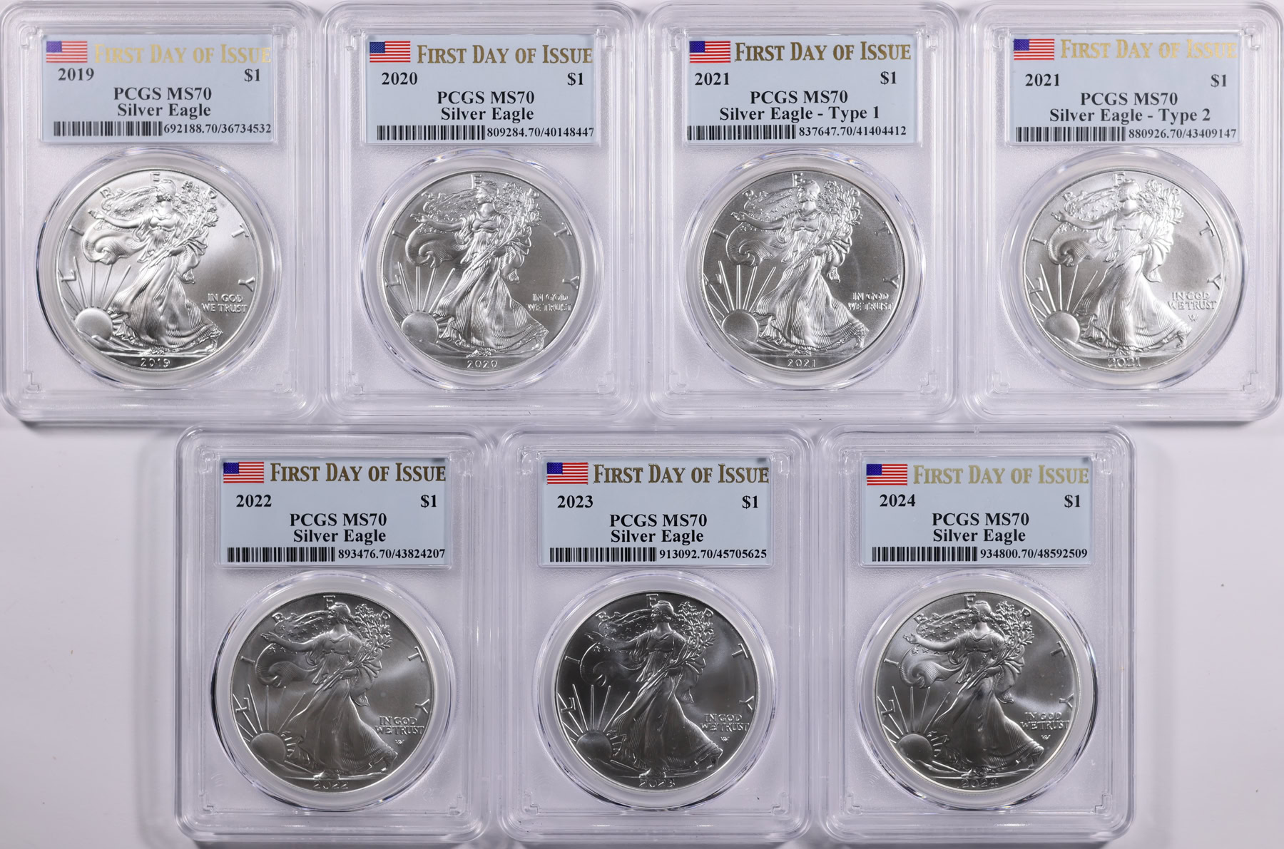 2019, 2020, 2021 Type 1, 2021 Type 2, 2022, 2023 and 2024 $1 Silver ...