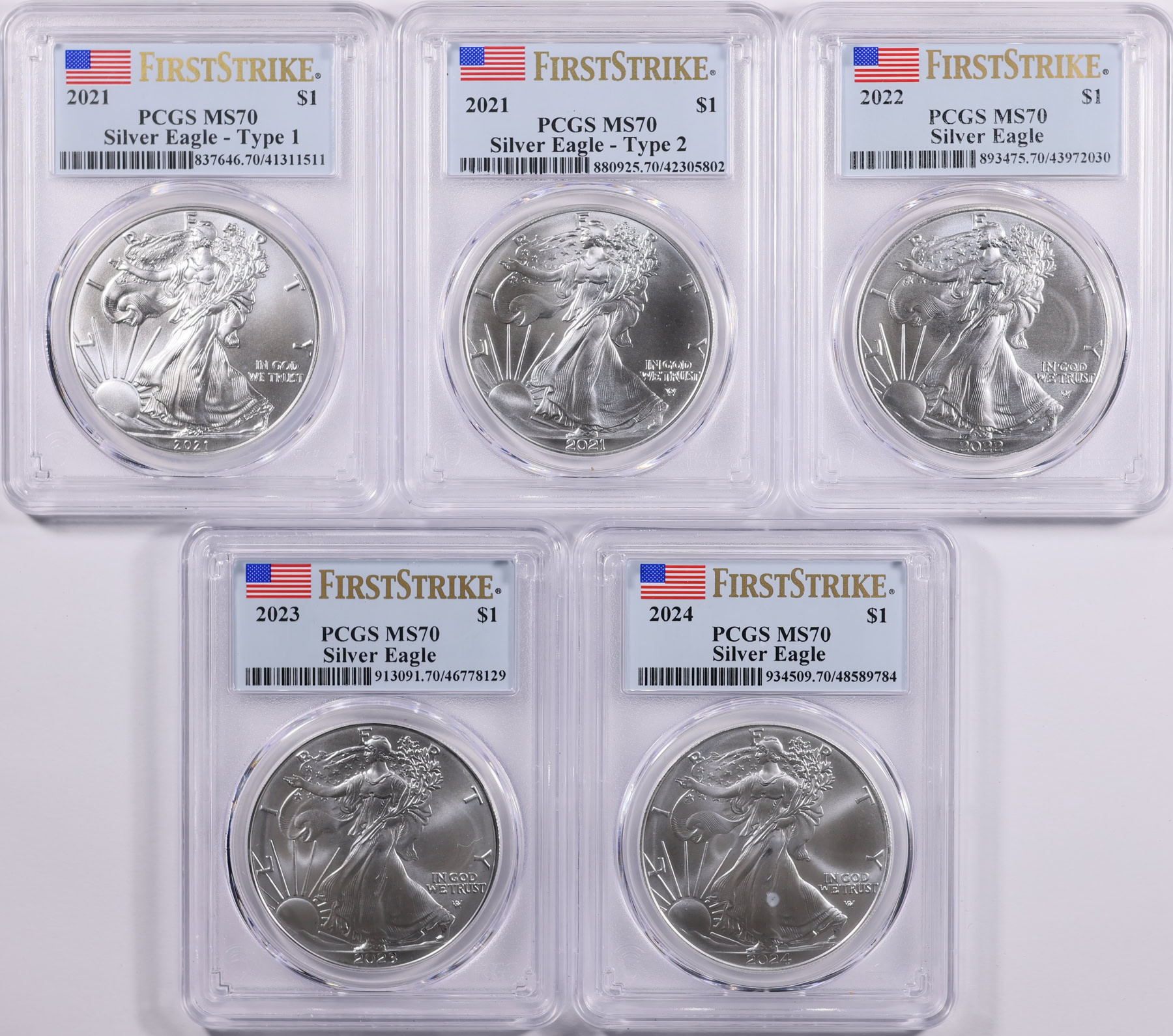 2021 Type 1, 2021 Type 2, 2022, 2023 and 2024 $1 Silver Eagle First Strike PCGS MS-70 (5 Coins ...