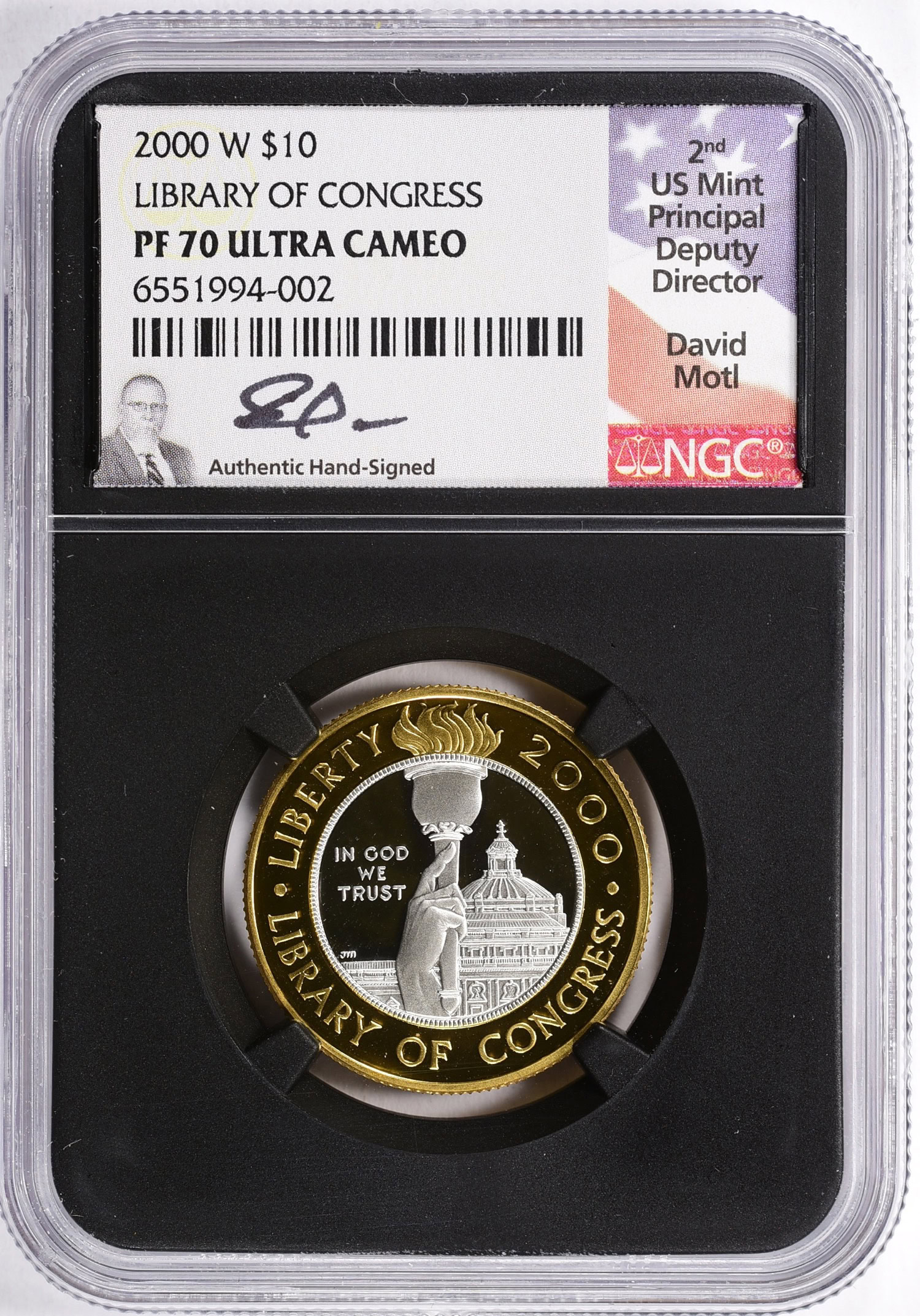 2000-W Library of Congress Bicentennial Bi-Metallic $10 NGC Proof-70 UC (David Motl Signed Label ...