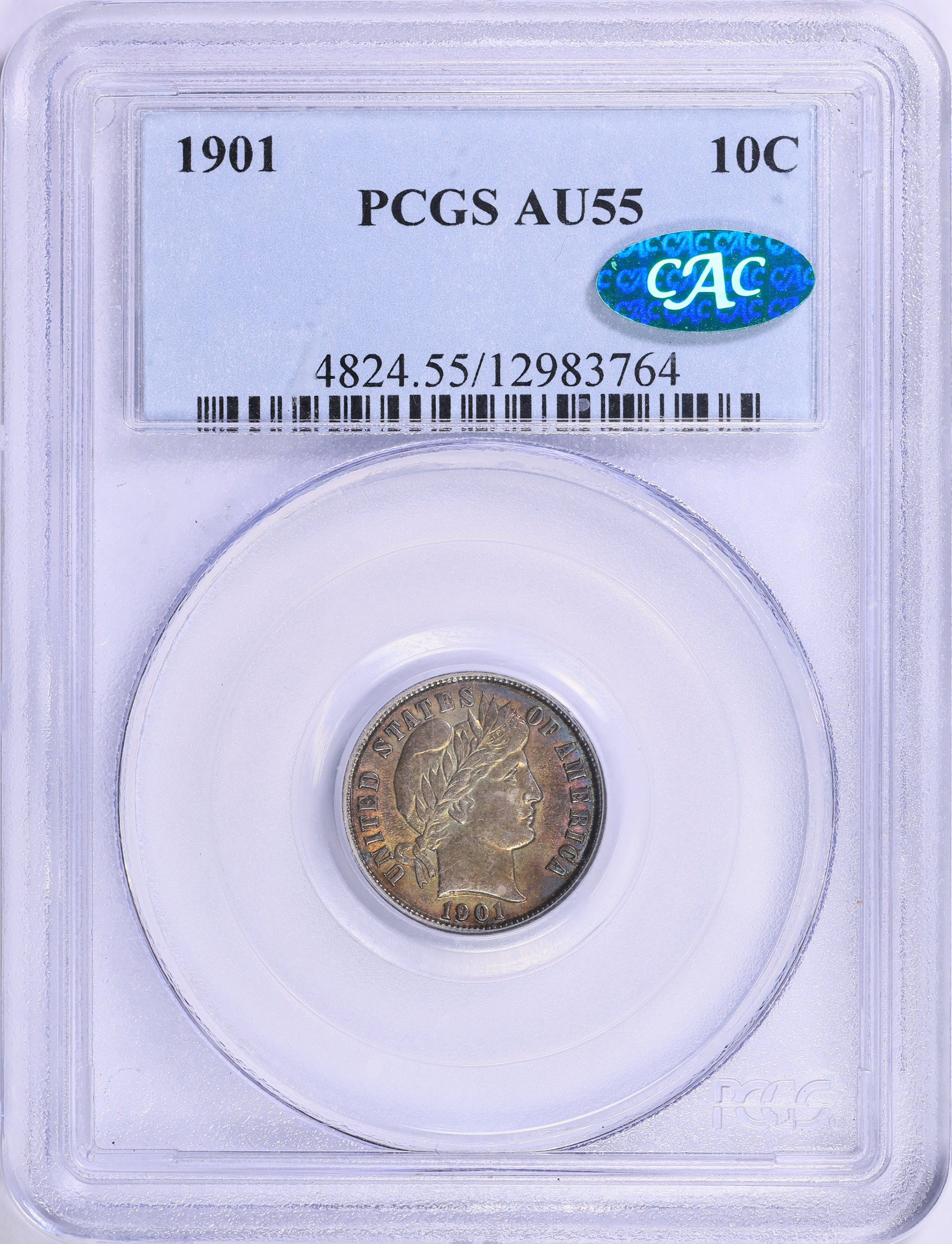1901 Barber Dime PCGS AU-55 (CAC Green) (Toned) (Item 1857089) | GreatCollections Coin Auctions