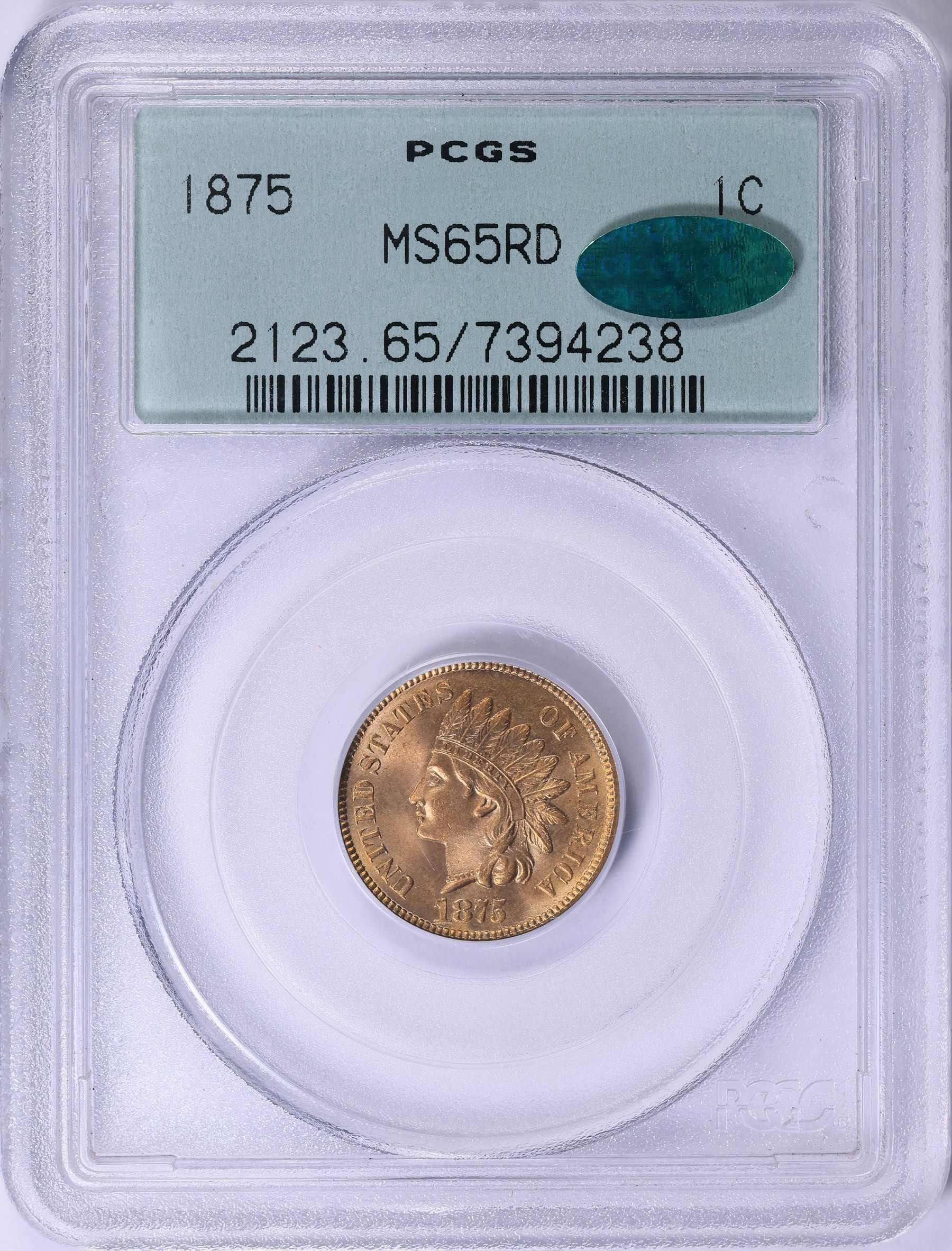 1875 Indian Cent PCGS MS-65 RD (CAC Green) OGH (Item 1857349) | GreatCollections Coin Auctions
