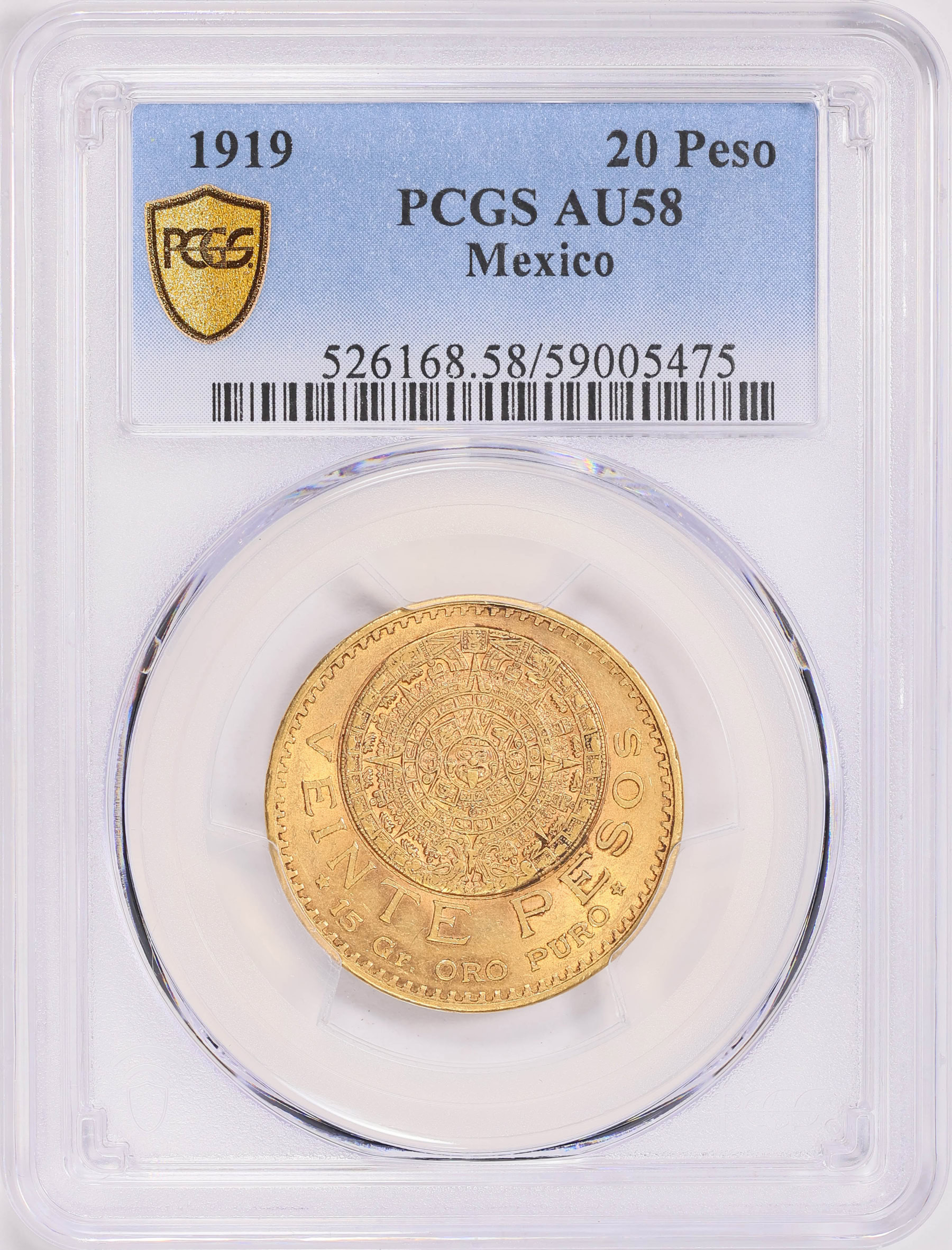 Mexico 1919 Gold 20 Pesos KM-478 PCGS AU-58 (AGW = 0.4822 oz.) (Item 1857493) | GreatCollections ...