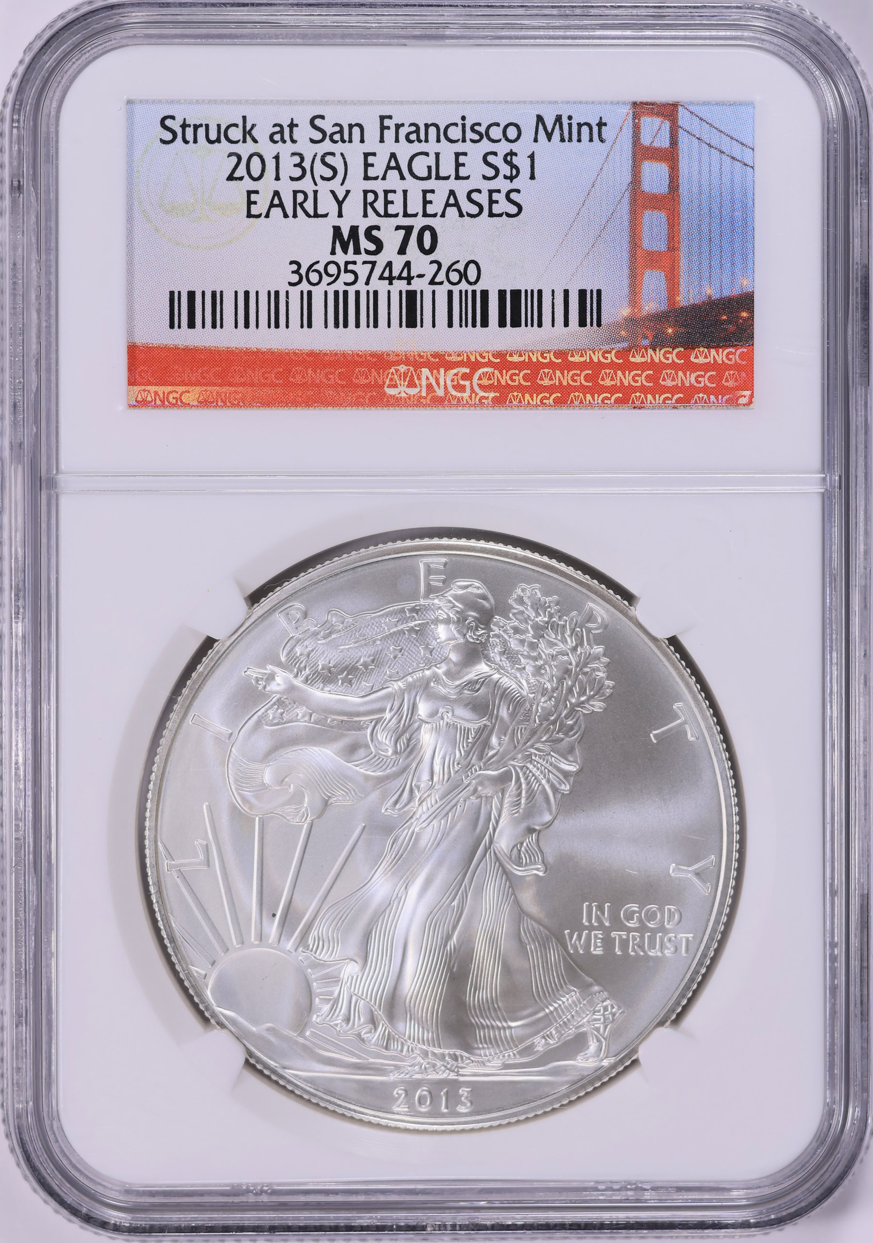 2013-(S) $1 Silver Eagle Early Releases Struck at San Francisco NGC MS-70 (Golden Gate Bridge ...