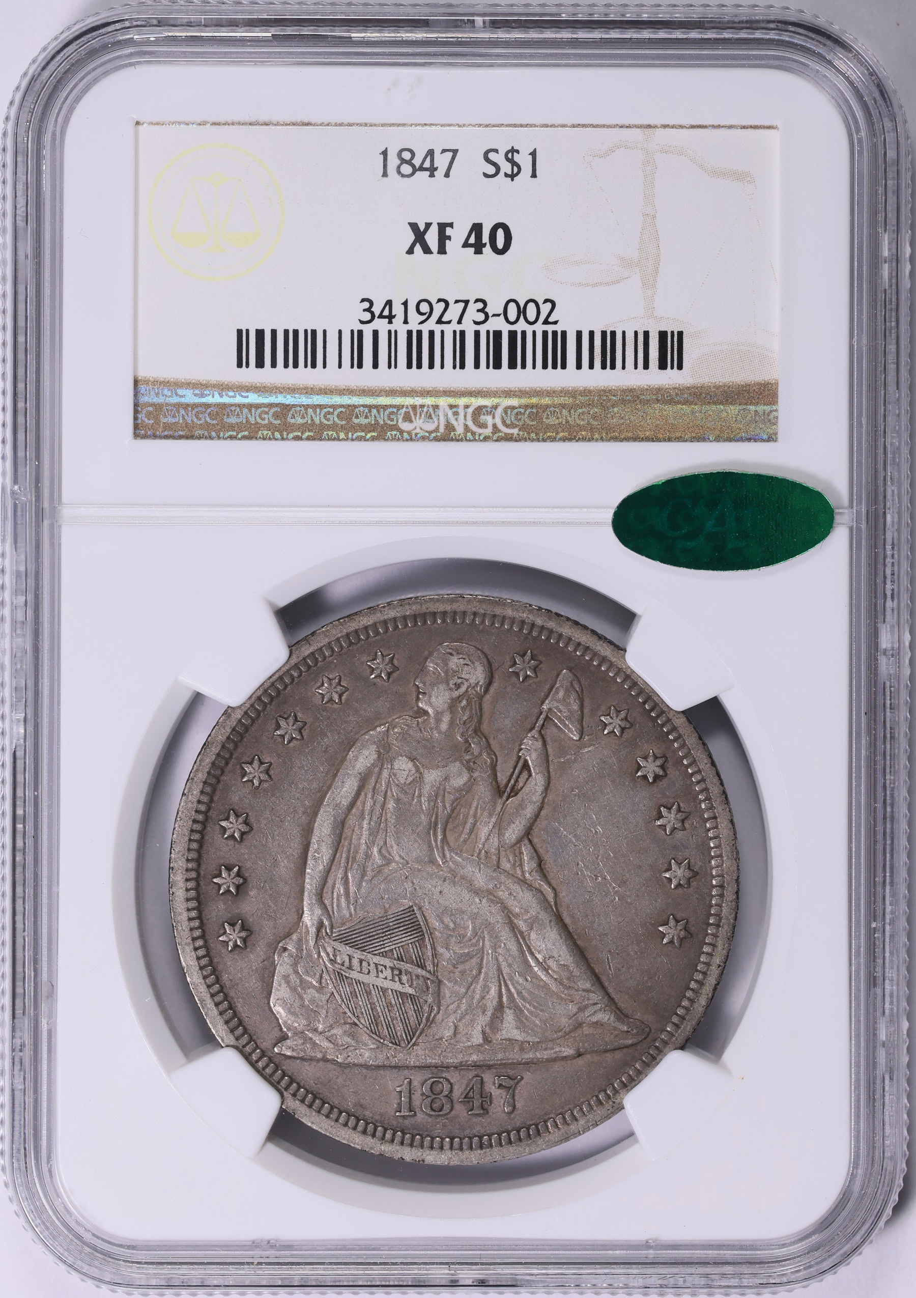 1847 Seated Liberty Silver Dollar NGC XF-40 (CAC Green) (Item 1857589) | GreatCollections Coin ...