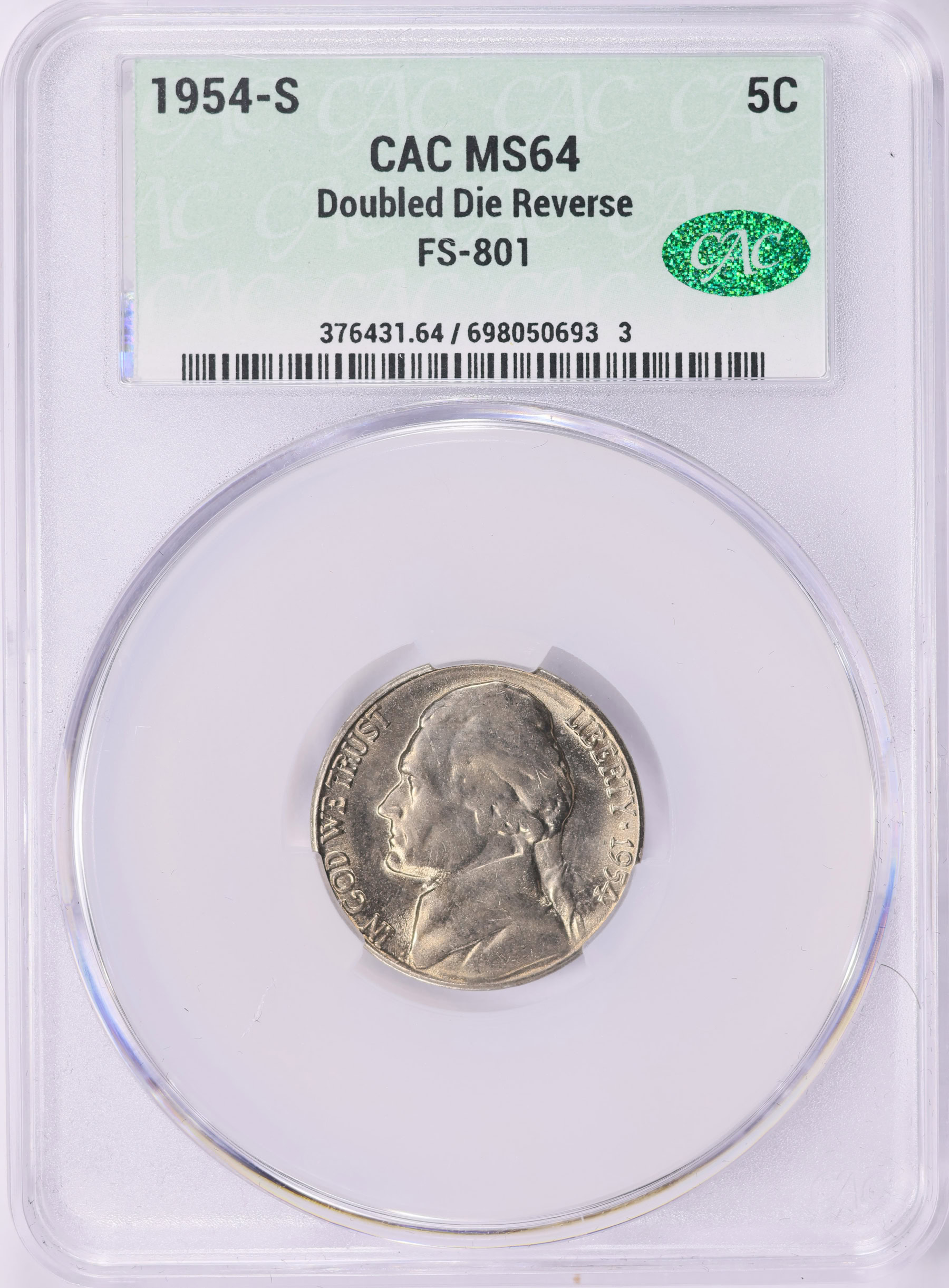 1954-S Jefferson Nickel Doubled Die Reverse FS-801 CACG MS-64 (Item 1857843) | GreatCollections ...