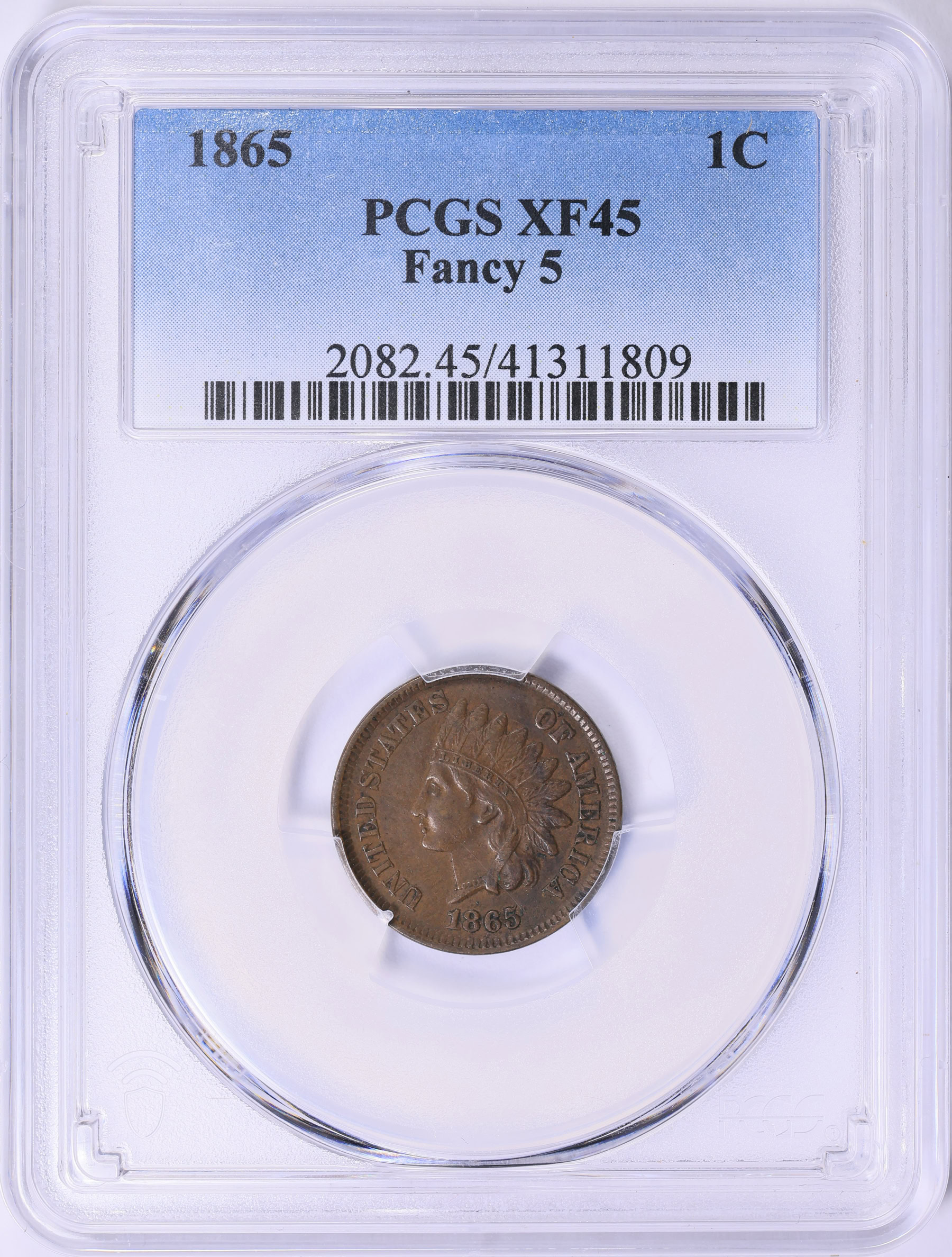 1865 Indian Cent Fancy 5 PCGS XF-45 BN (Item 1858311) | GreatCollections Coin Auctions