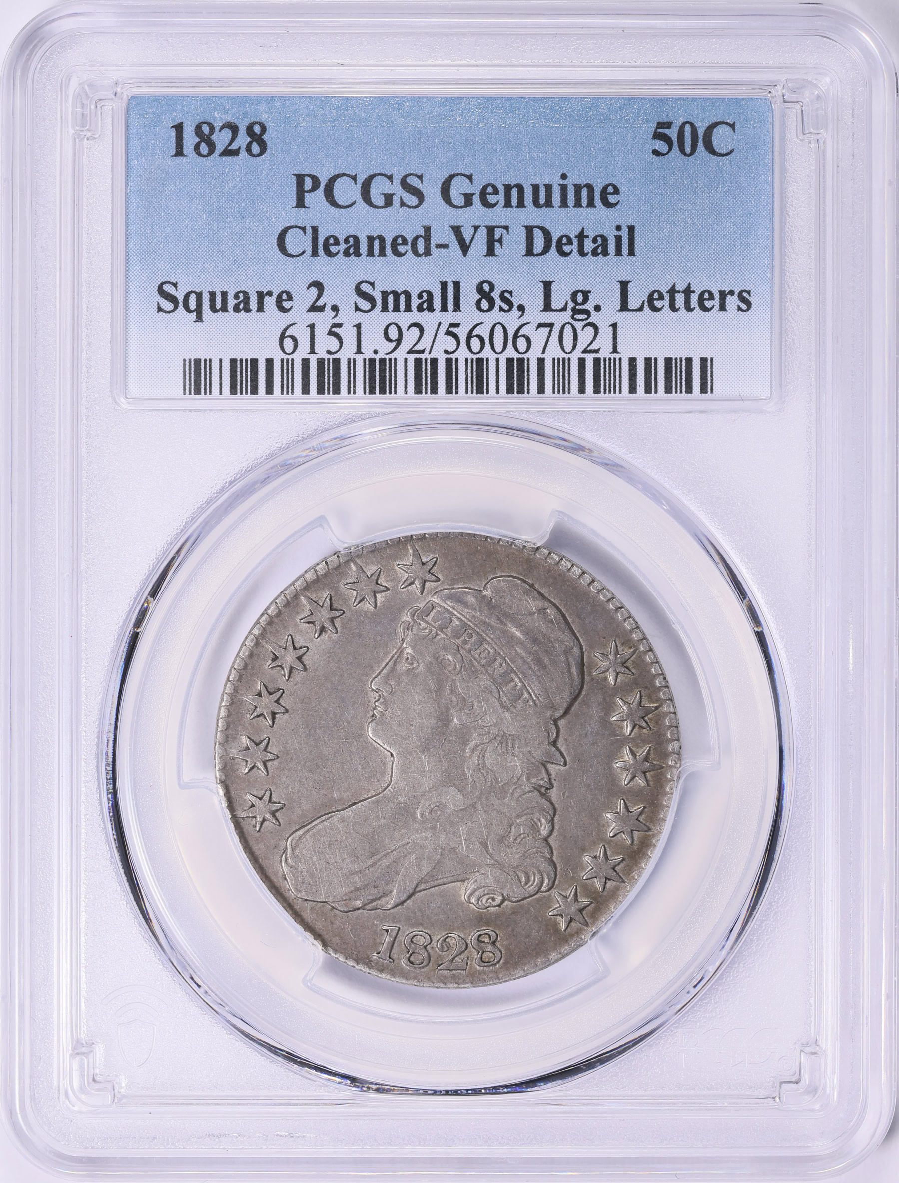 1828 Capped Bust Half Dollar Square Base 2, Small 8s, Large Letters PCGS Genuine VF Details ...