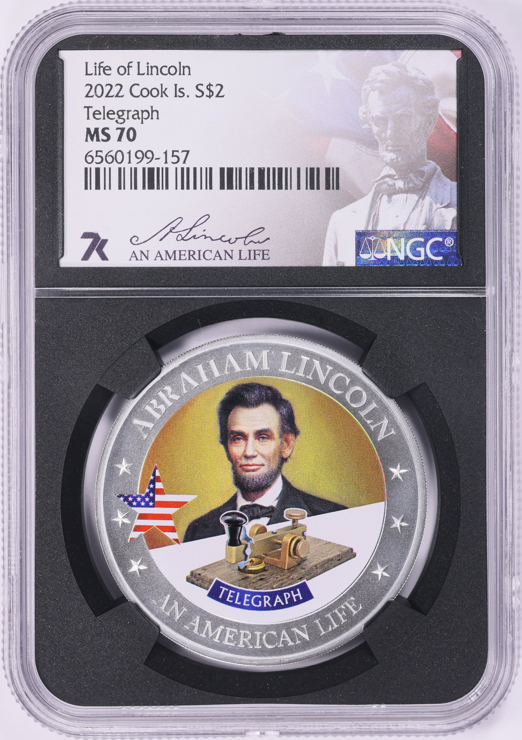 Cook Islands 2022 Silver $2 Telegraph Life of Lincoln KM-3235 NGC MS-70 ...
