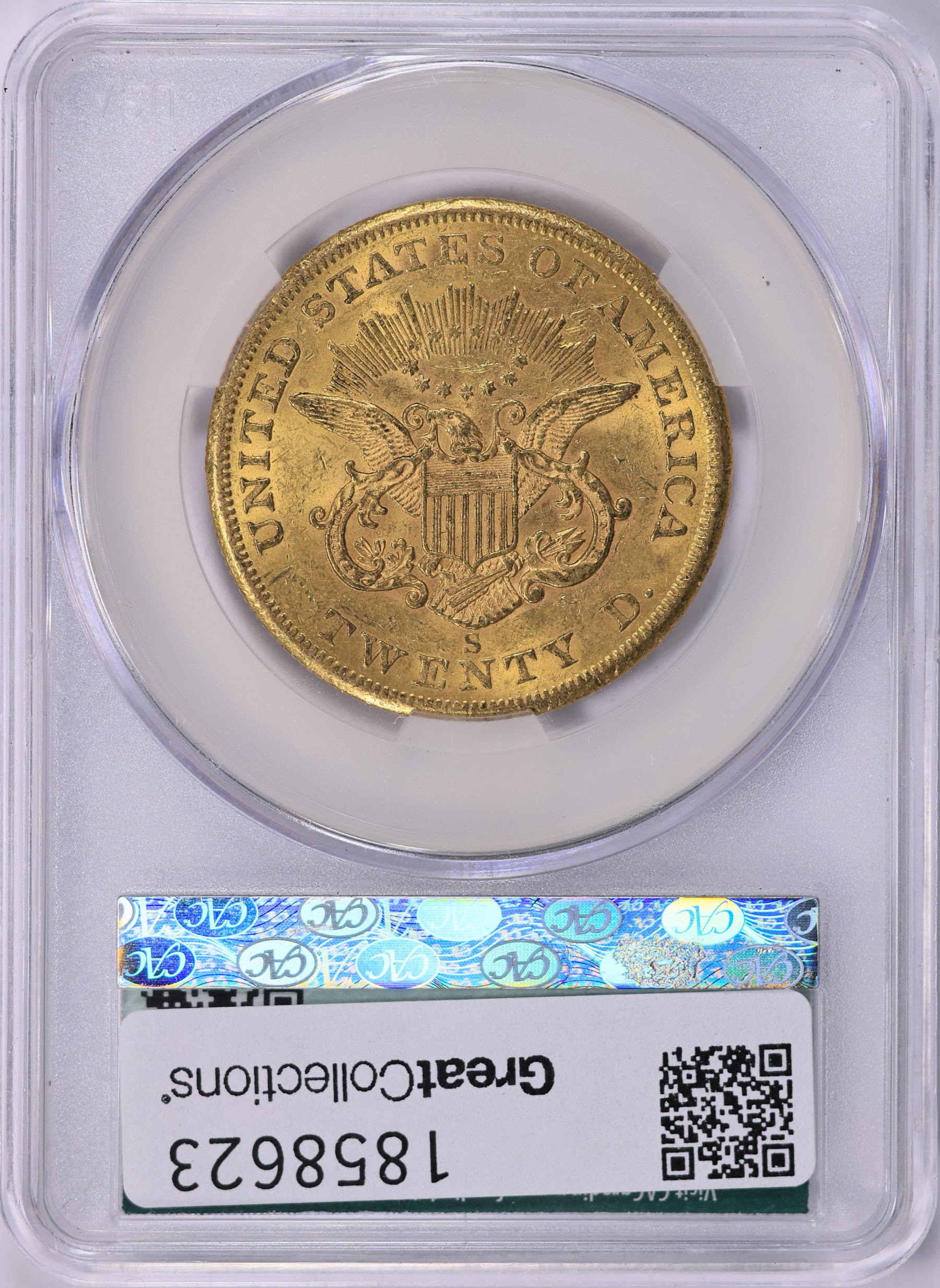 1855-S Liberty Gold Double Eagle Broken A, Full E CACG AU-58 (Item 1858623) | GreatCollections ...