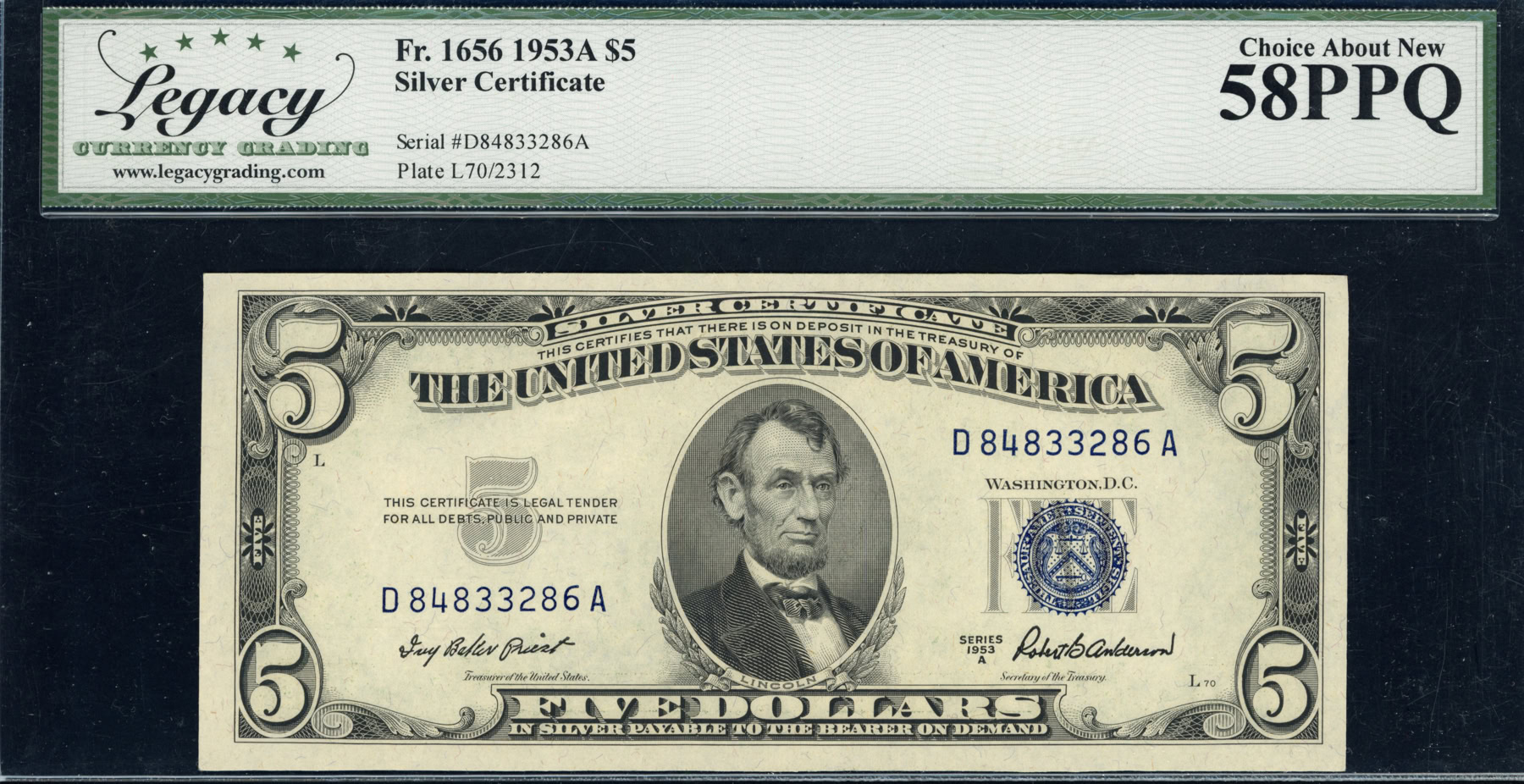 Fr. 1656 (DA Block) 1953A $5 Silver Certificate Note Priest / Anderson ...