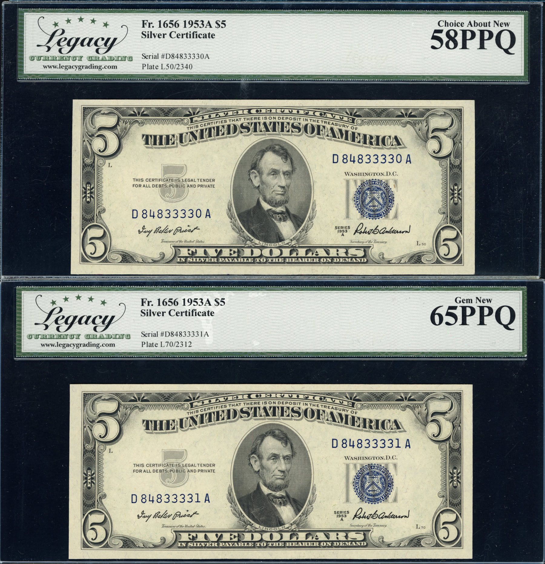 Fr. 1656 (DA Block) 1953A $5 Silver Certificate Notes *Sequential ...