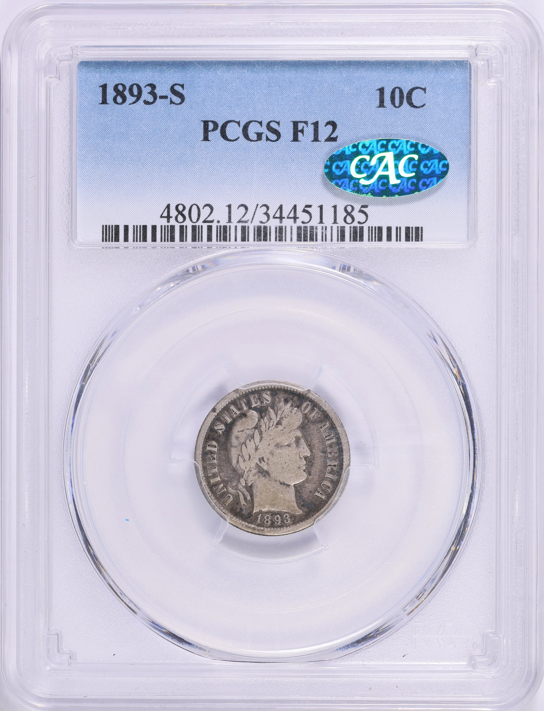 1893-S Barber Dime PCGS F-12 (CAC Green) (Item 1858733 ...
