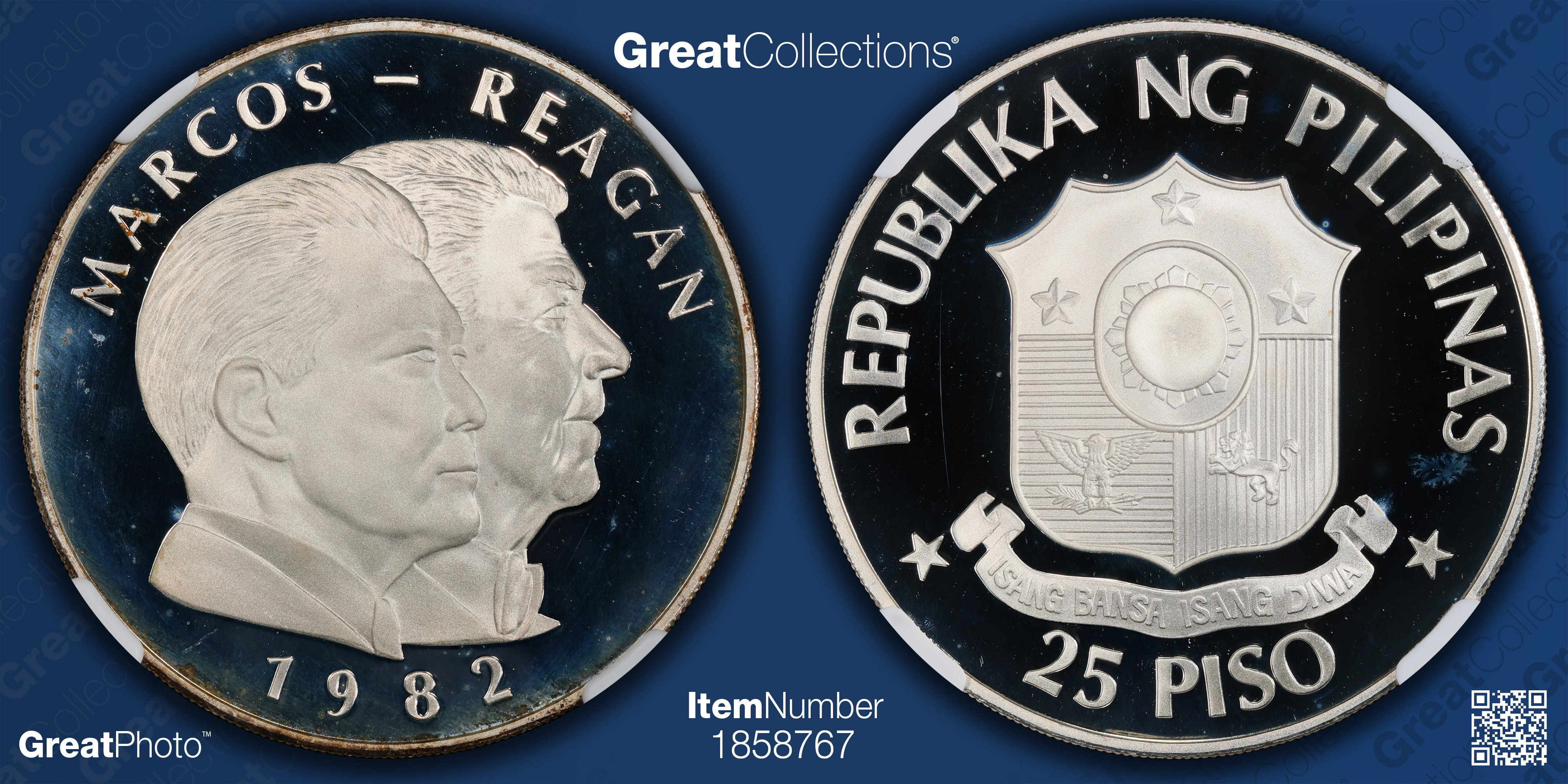 Philippines 1982 Silver 25 Piso Marcos & Reagan KM-235 NGC Proof-68 UC ...