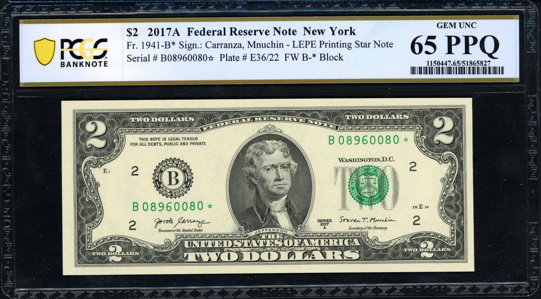 Fr. 1941-B* (B* Block) 2017A $2 New York Federal Reserve Star Note ...