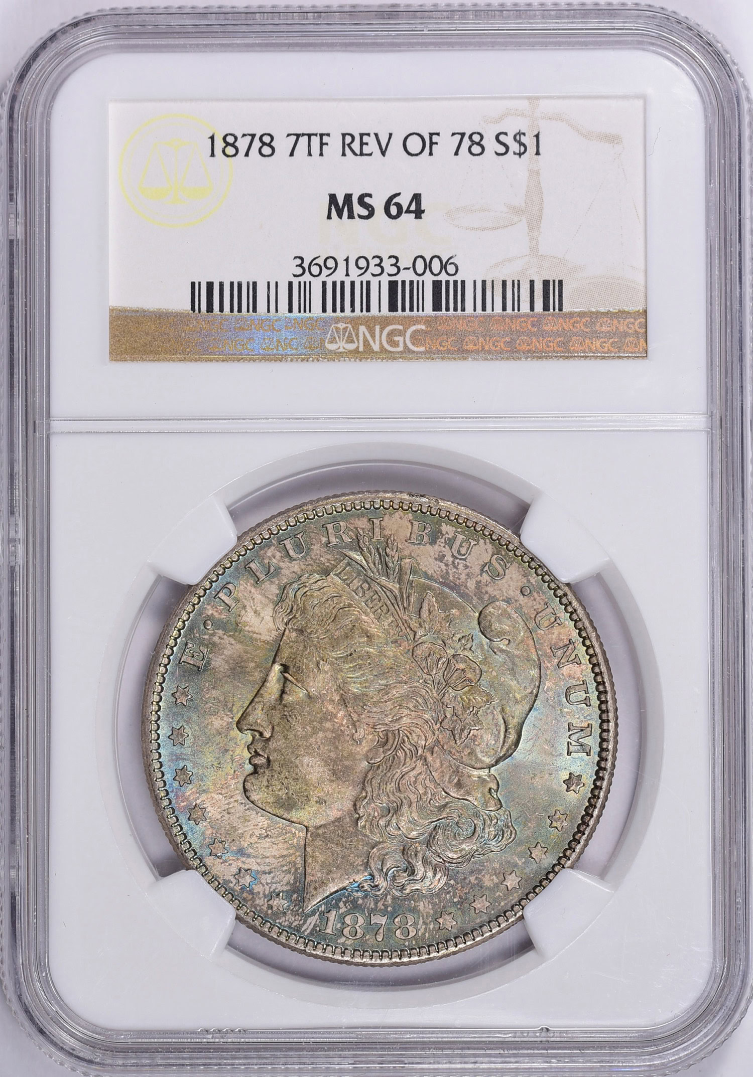 1878 Morgan Silver Dollar 7 Tailfeathers, Reverse of 1878 NGC MS-64 (Toned) (Item 1858960 ...
