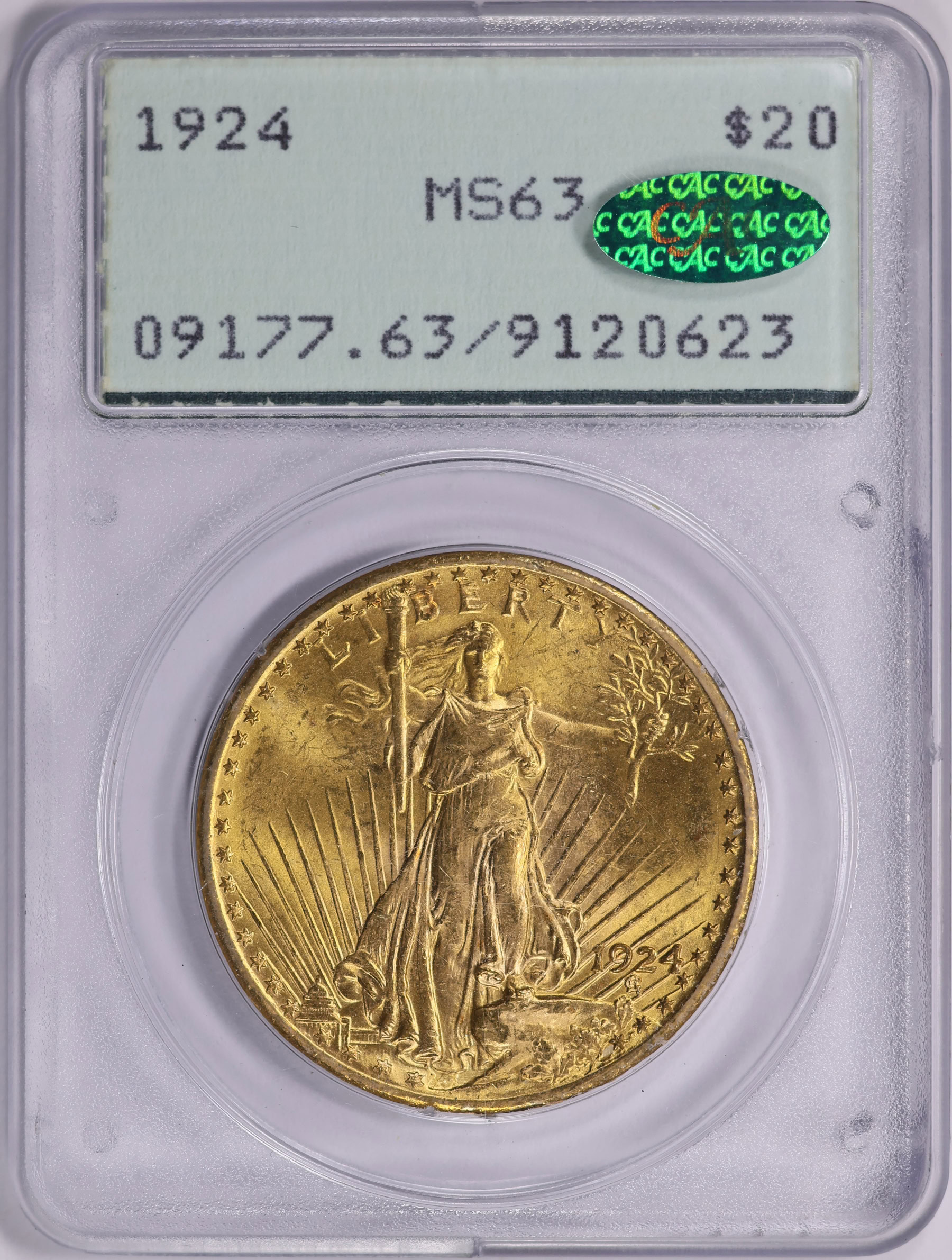 1924 Saint-Gaudens Gold Double Eagle PCGS MS-63 (CAC Green) OGH (1st Gen) (Item 1859112 ...