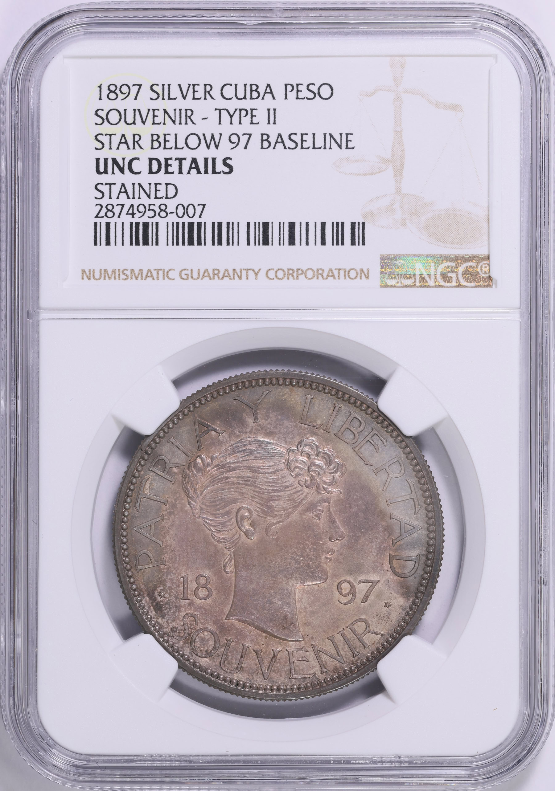 Cuba 1897 Silver Souvenir Peso Star Below Base of 97 KM-M2 NGC Unc ...