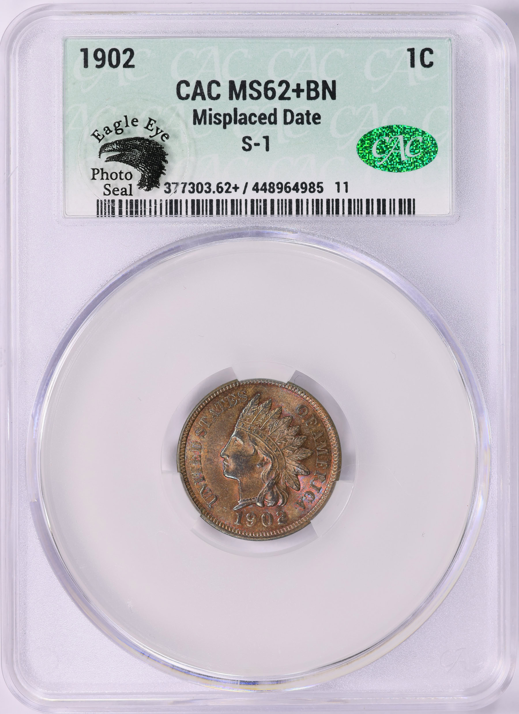 1902 Indian Cent Misplaced Date S-1 CACG MS-62+ BN (Eagle Eye Seal ...
