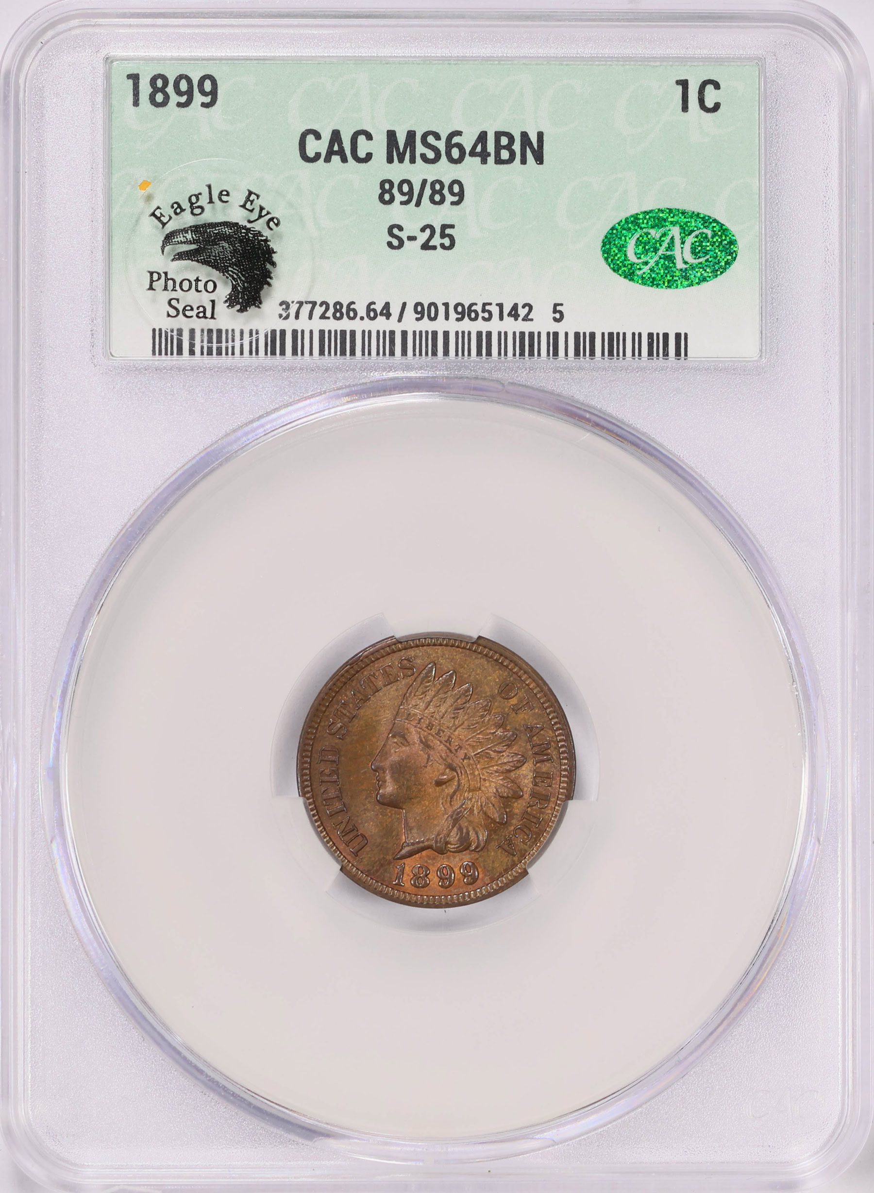 1899 Indian Cent 89/89 S-25 CACG MS-64 BN (Eagle Eye Seal) | CACG Cert ...