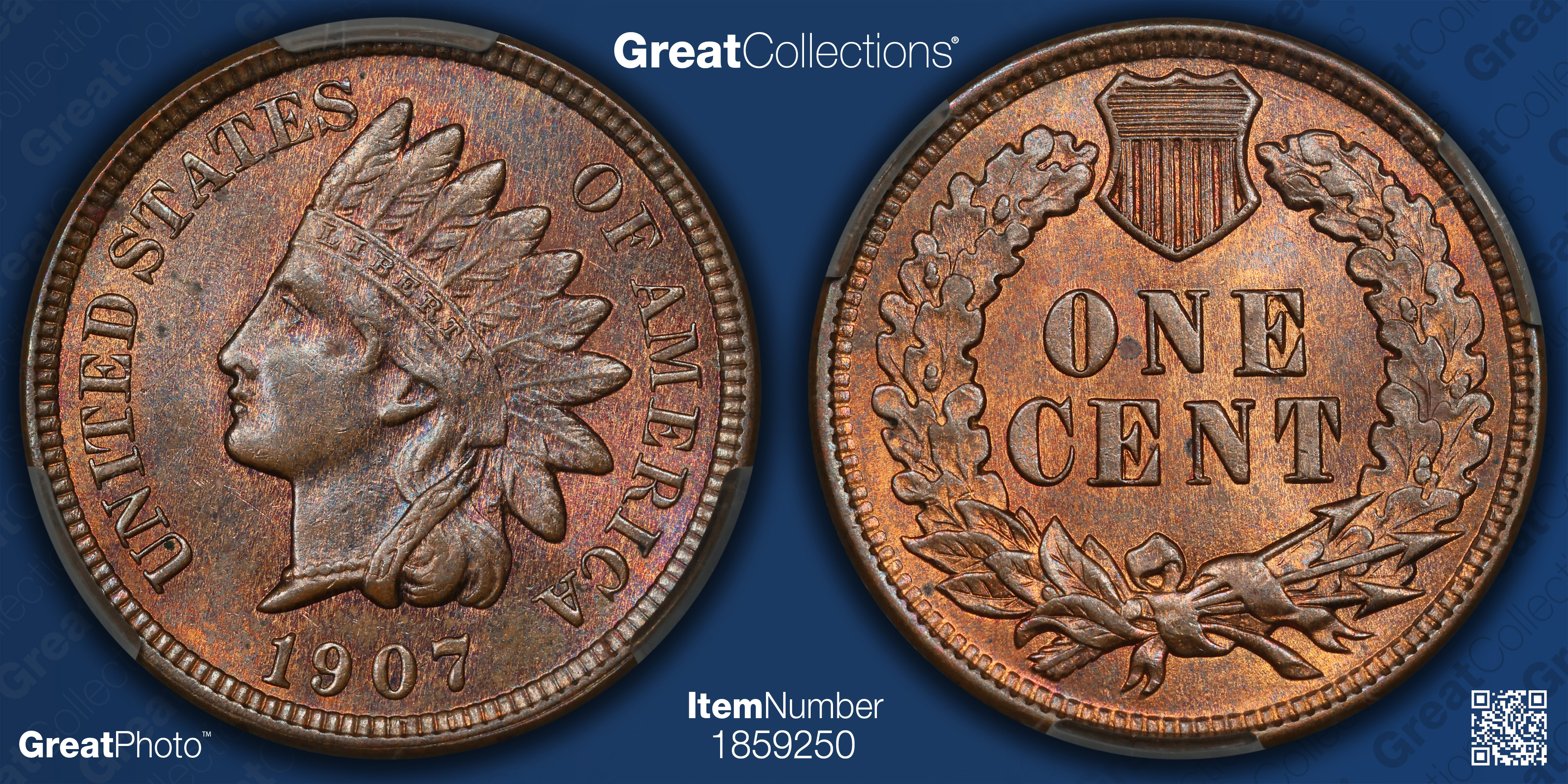 1907 Indian Cent 90 in Denticles S-24 CACG MS-62 RB (Eagle Eye Seal ...