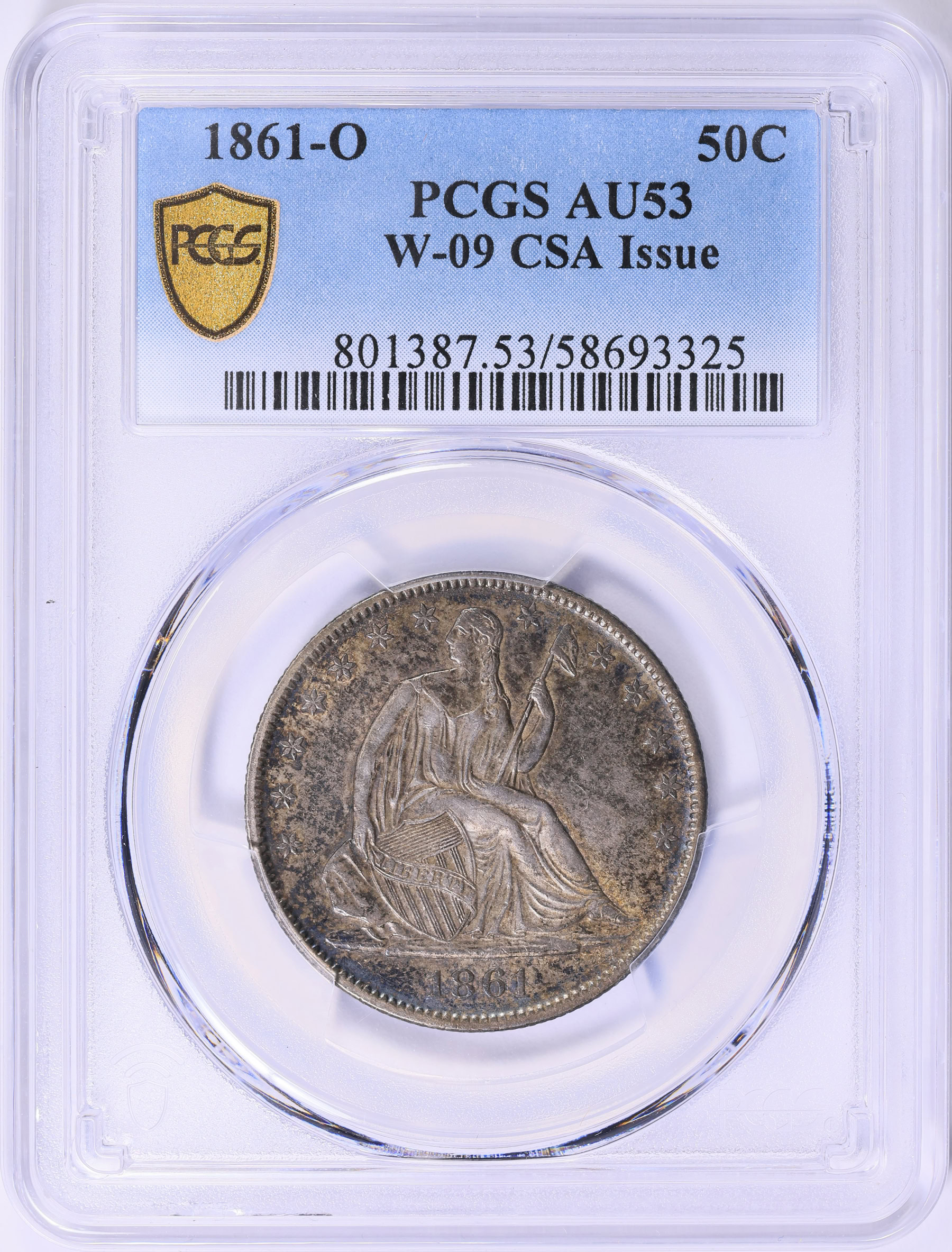 1861-O Seated Liberty Half Dollar CSA Issue W-09 PCGS AU-53 (Toned) (Item 1859425 ...