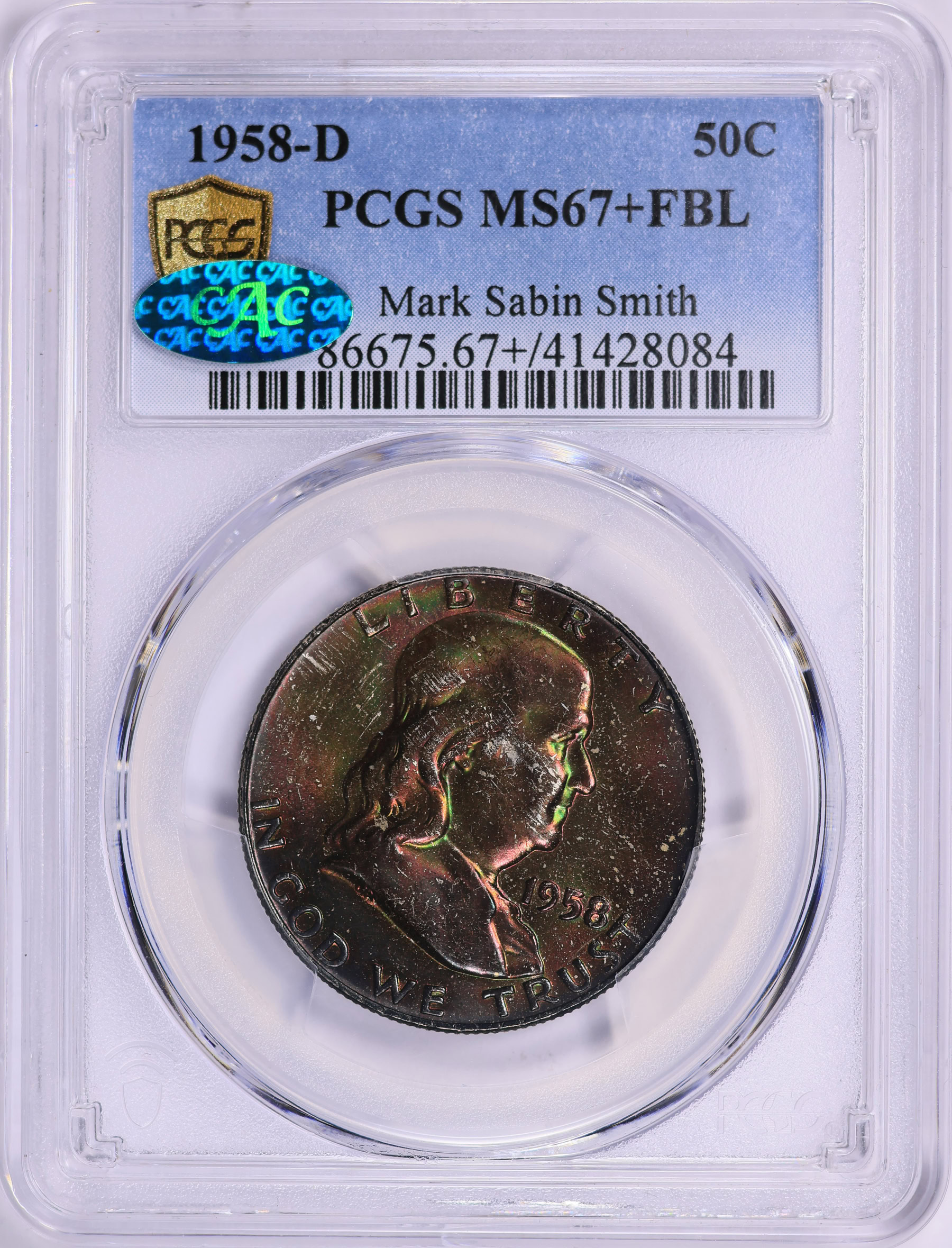 1958-D Franklin Half Dollar PCGS MS-67+ FBL (CAC Green) (Toned) (Mark ...