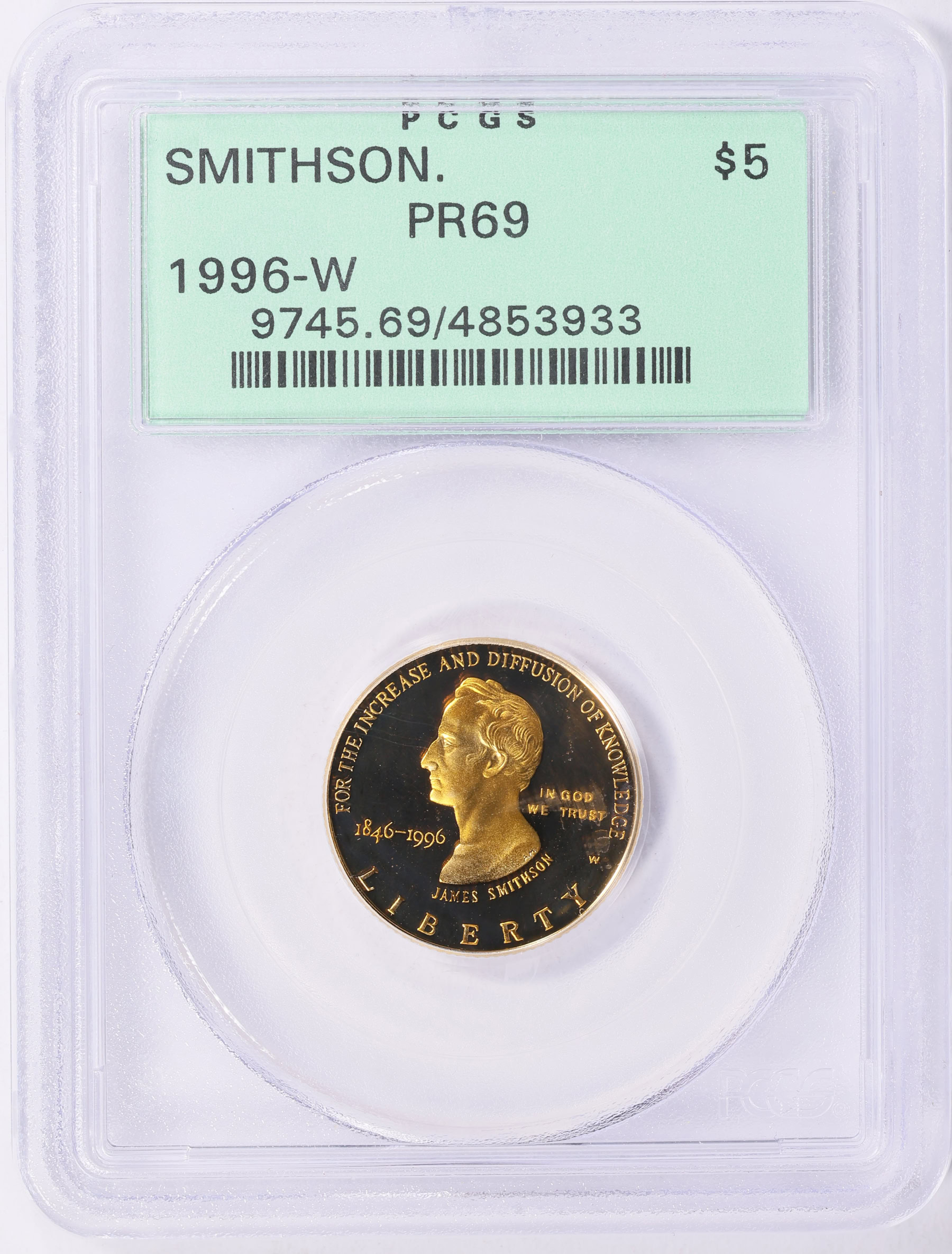1996-W Smithsonian Institution 150th Anniversary Gold $5 PCGS Proof-69 ...