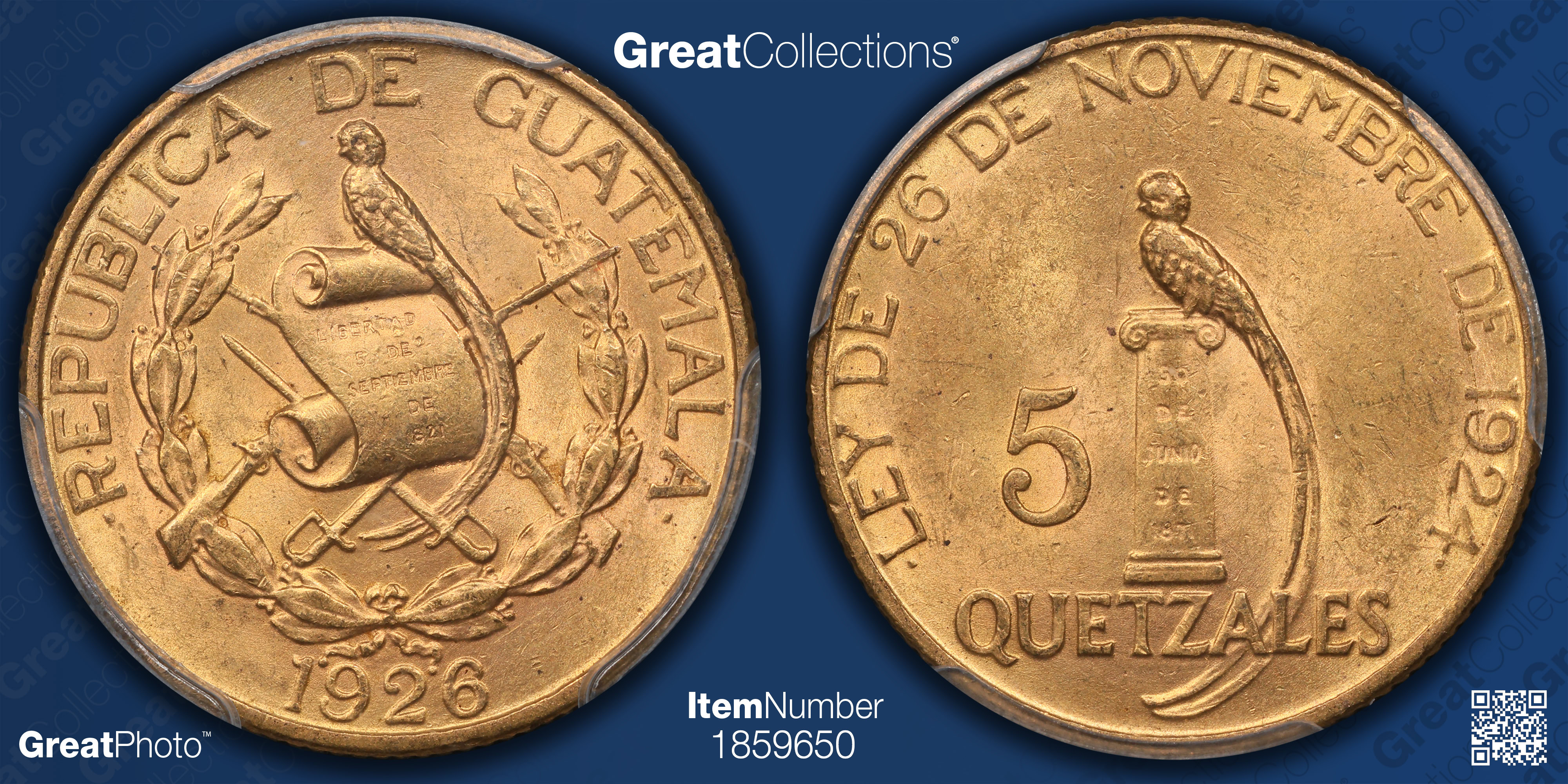 Guatemala 1926 Gold 5 Quetzals KM-244 PCGS MS-63 (AGW = 0.2419 Oz ...
