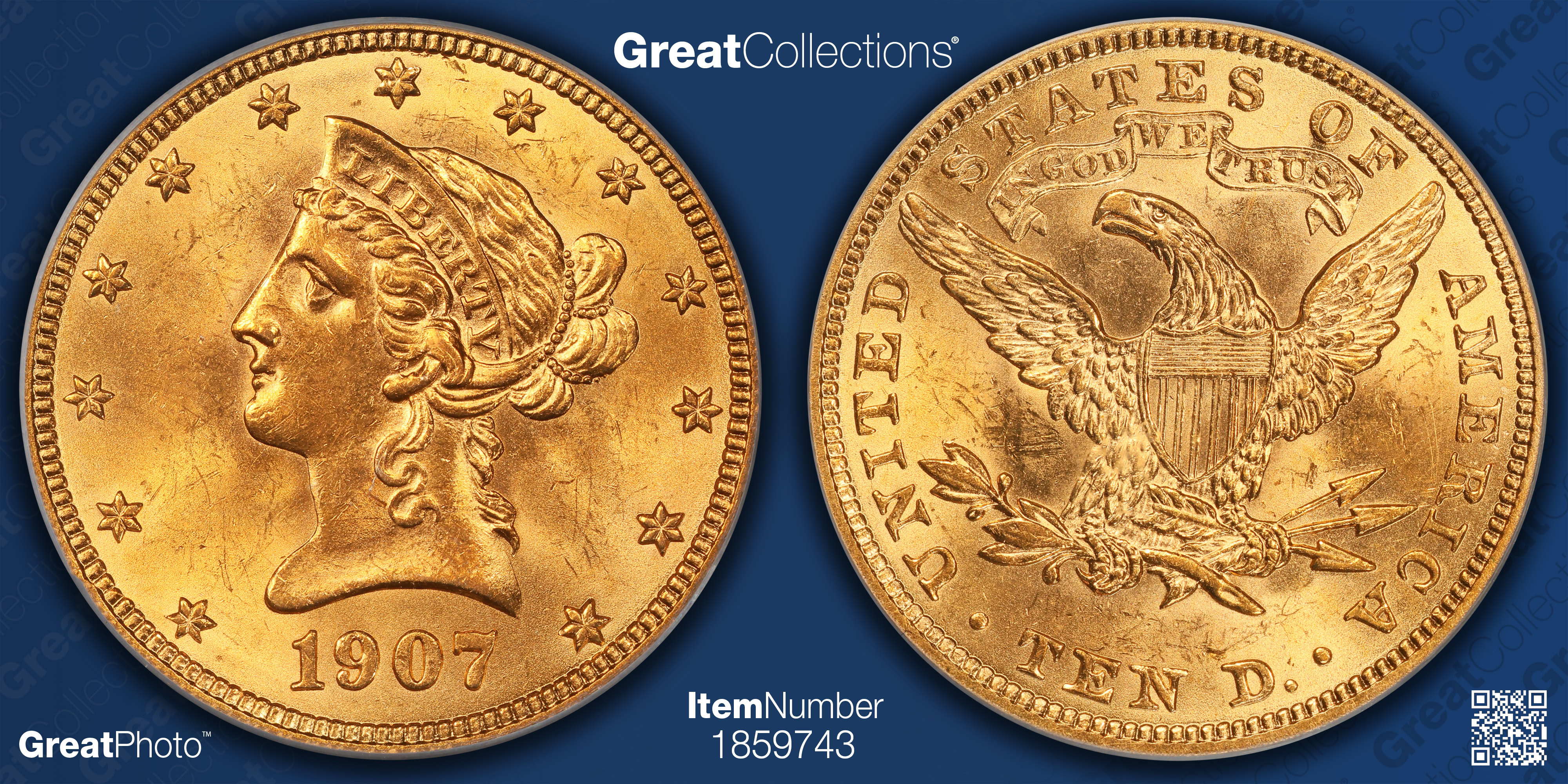 1907 Liberty Gold Eagle PCGS MS-63 (Item 1859743) | GreatCollections ...