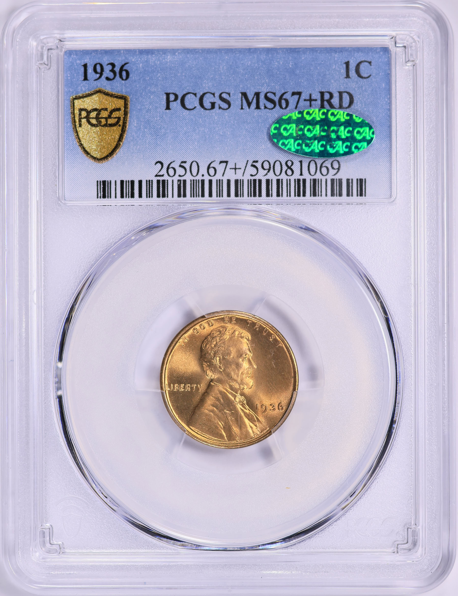 1936 Lincoln Cent PCGS MS-67+ RD (CAC Green) (Item 1859864) | GreatCollections Coin Auctions