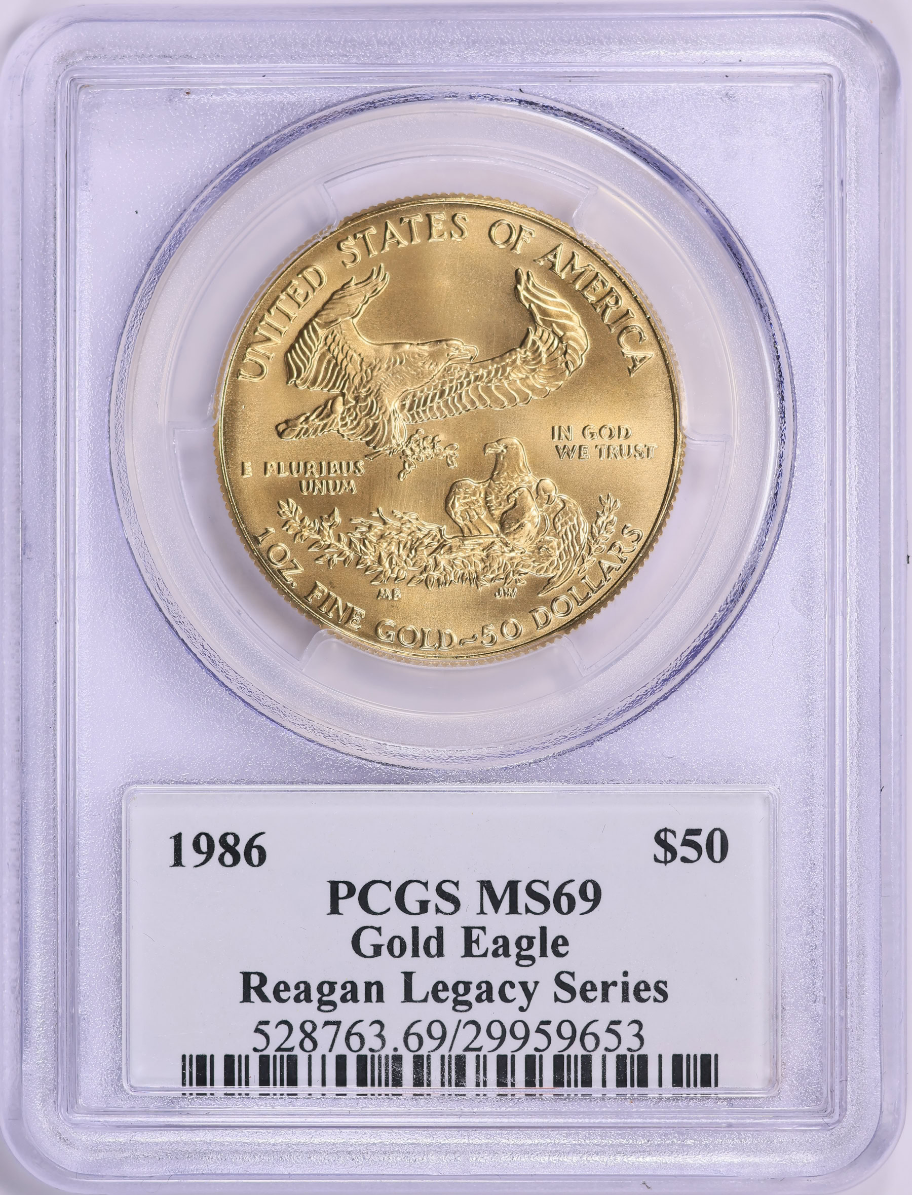 1986 $50 One-Ounce Gold American Eagle Reagan Legacy Series PCGS MS-69 ...