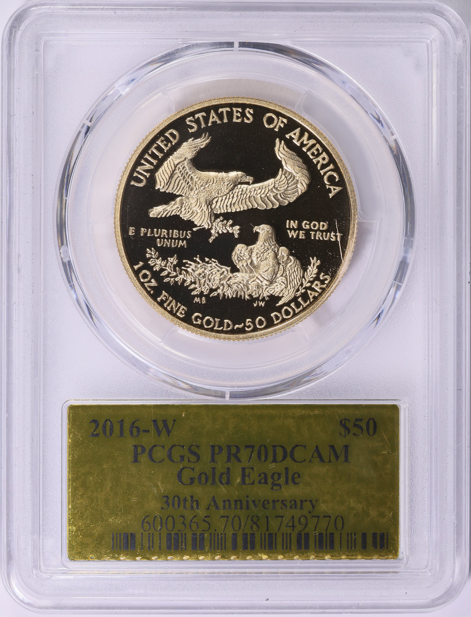 2016-W $50 One-Ounce Gold American Eagle 30th Anniversary PCGS Proof-70 DCAM (Michael Reagan ...