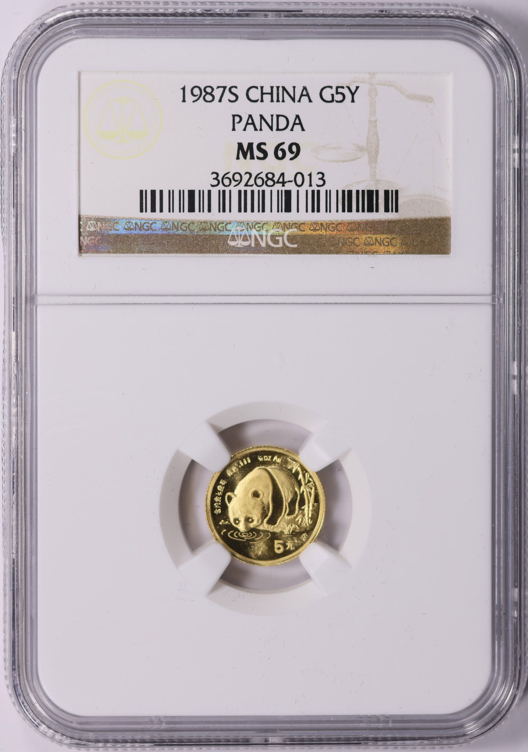 China 1987-S Gold 5 Yuan Panda KM-159 NGC MS-69 (AGW = 0.0501 Oz.) (Item 1860344 ...