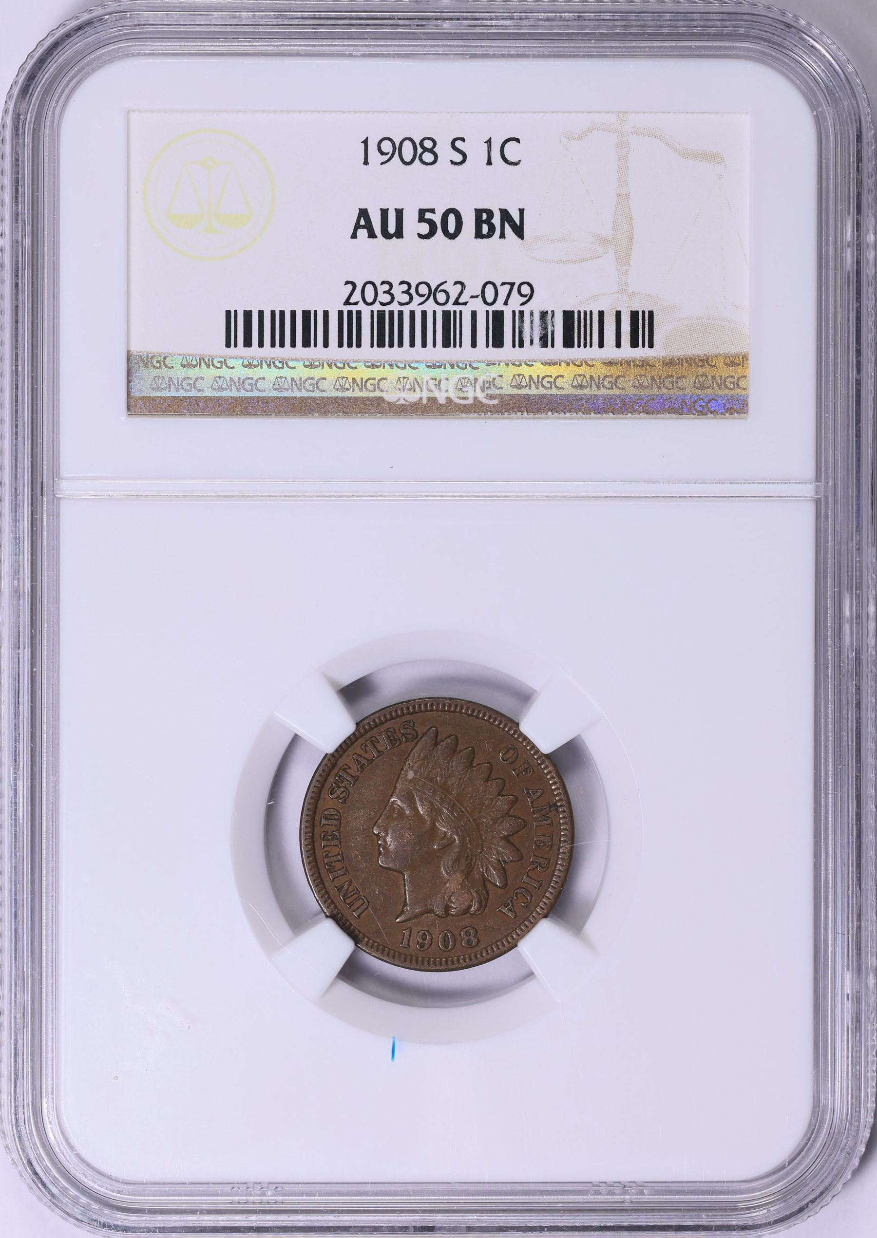 1908-S Indian Cent NGC AU-50 BN (Item 1860417) | GreatCollections Coin ...