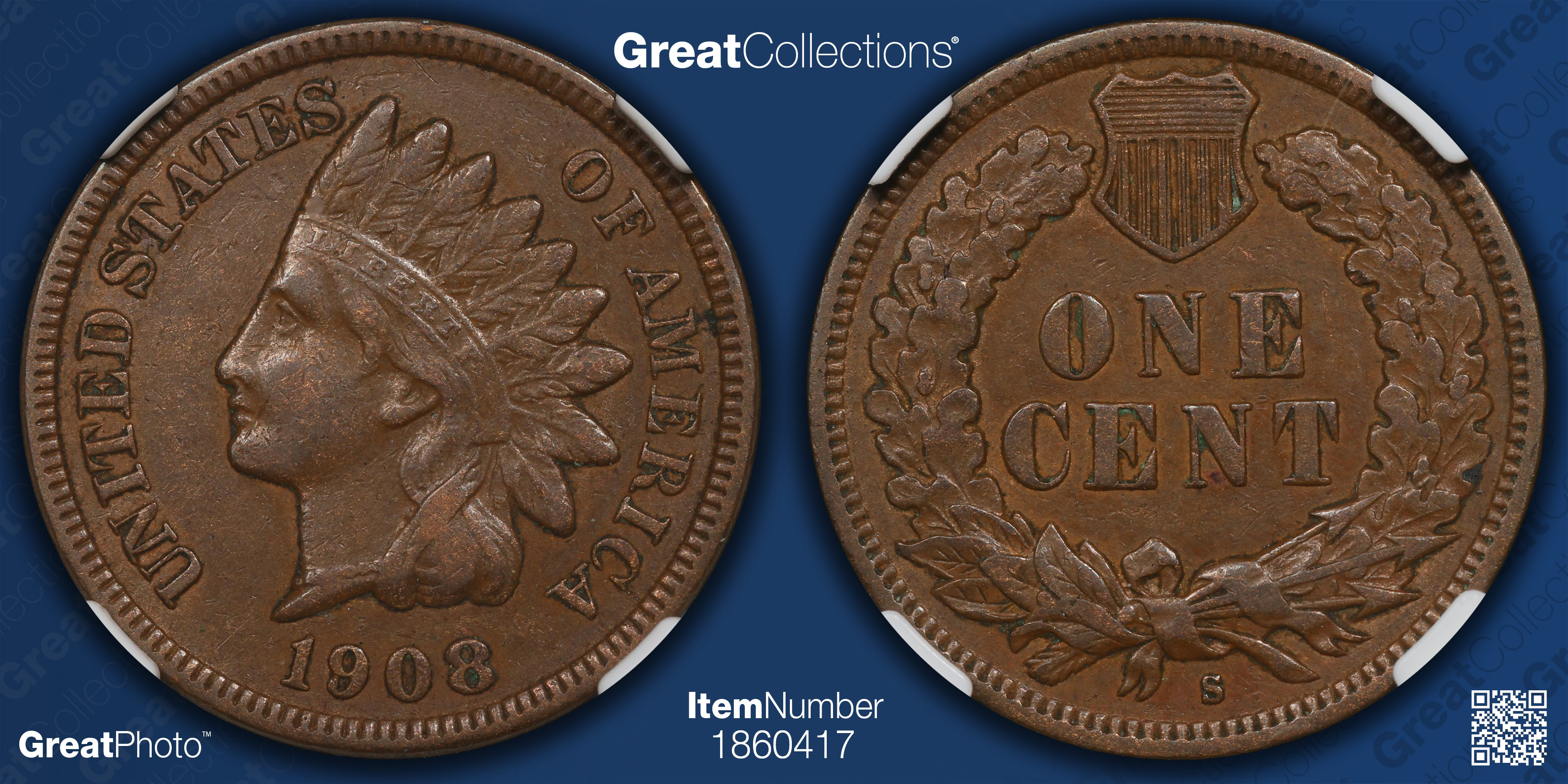 1908-S Indian Cent NGC AU-50 BN (Item 1860417) | GreatCollections Coin ...