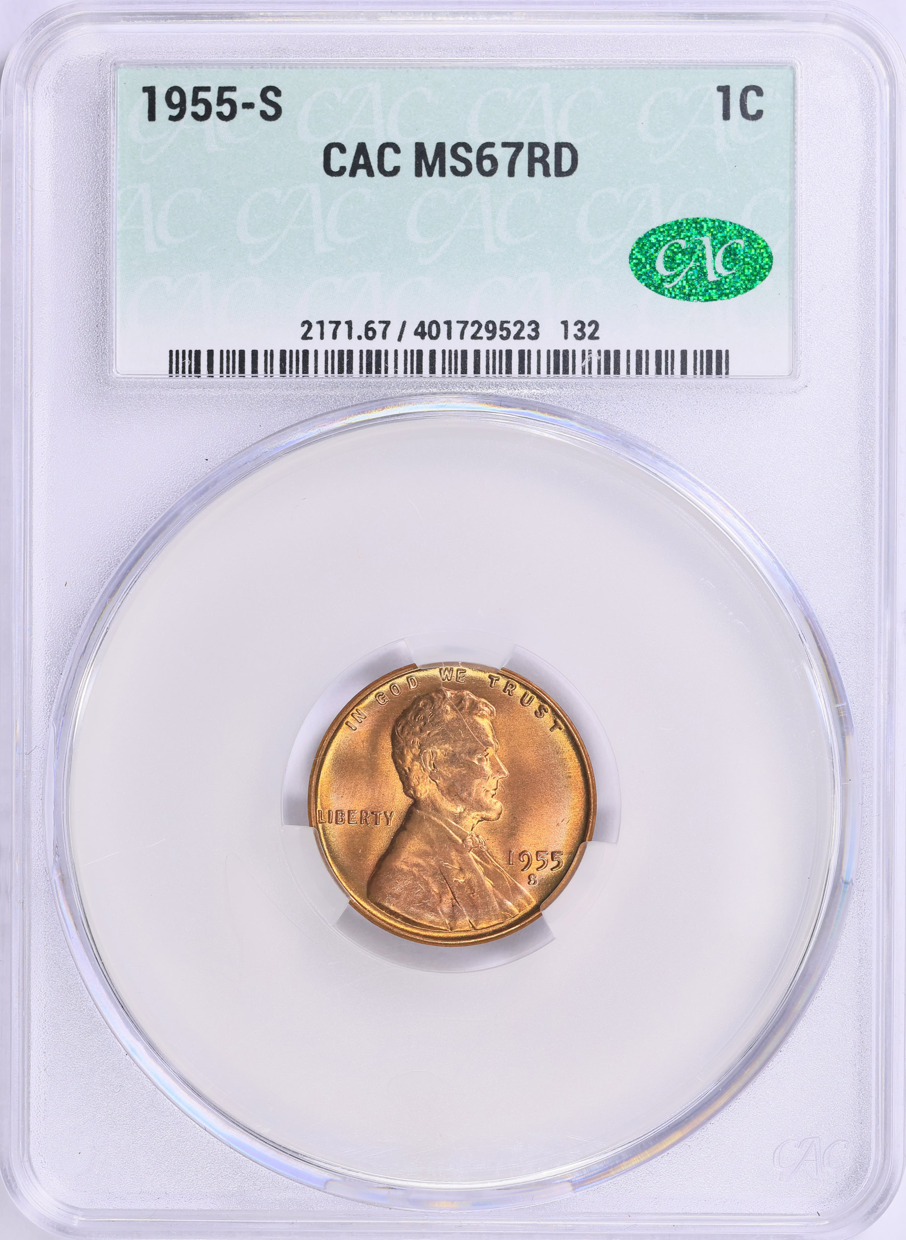1955-S Lincoln Cent CACG MS-67 RD (Item 1860430) | GreatCollections Coin Auctions