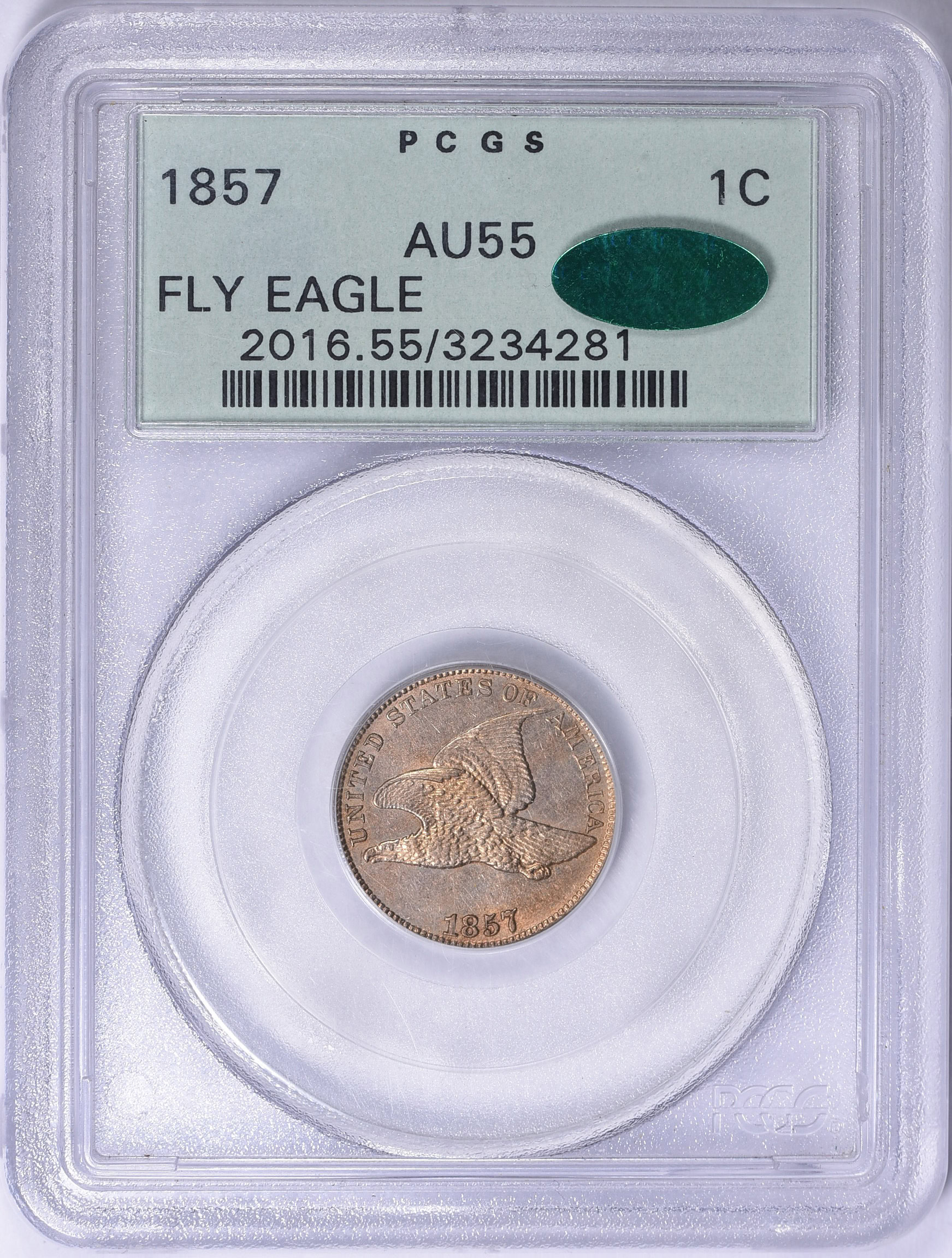 1857 Flying Eagle Cent PCGS AU-55 (CAC Green) OGH (Item 1860616) | GreatCollections Coin Auctions