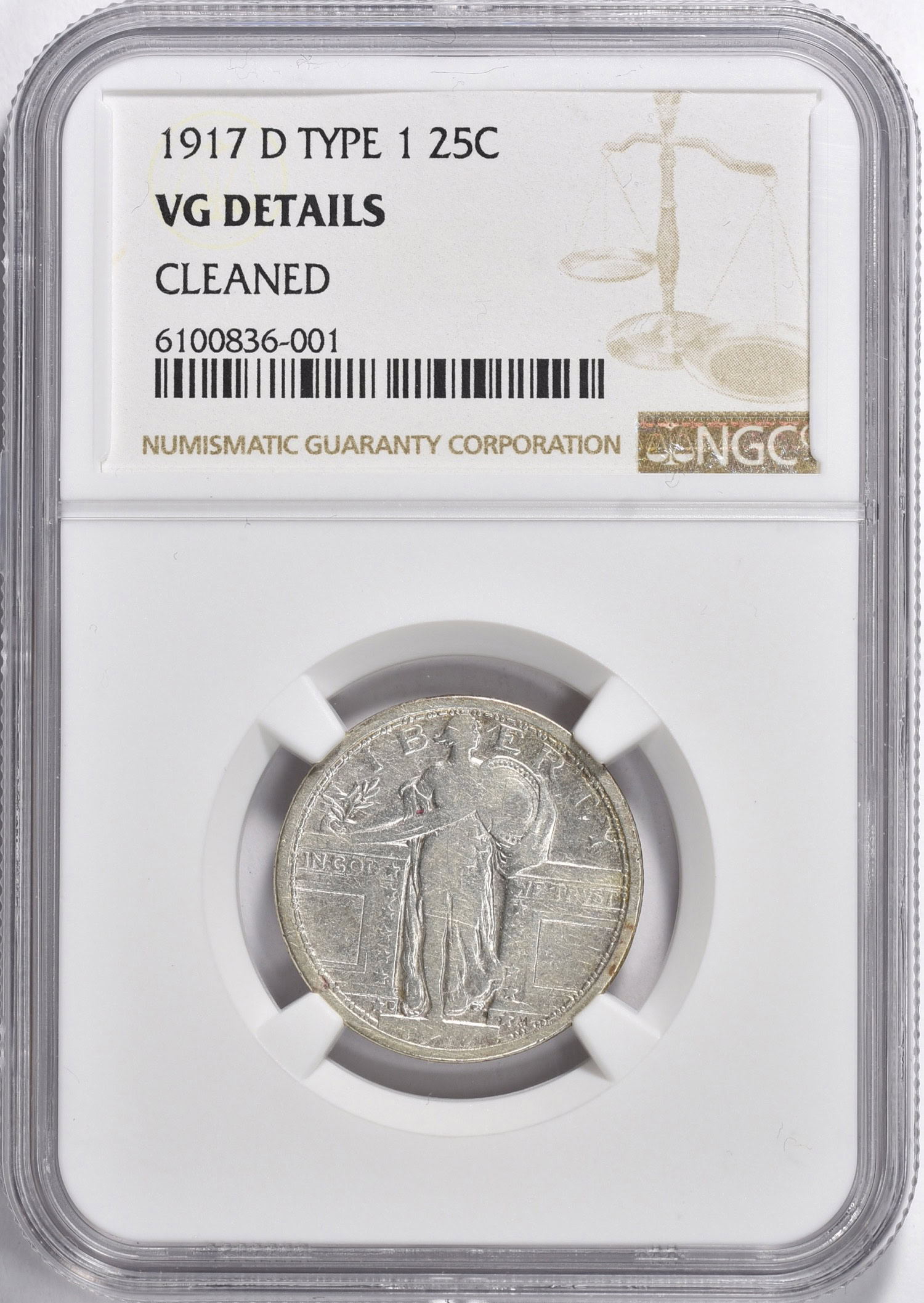 1917-D Standing Liberty Quarter Type 1 NGC VG Details (Item 1860636) | GreatCollections Coin ...