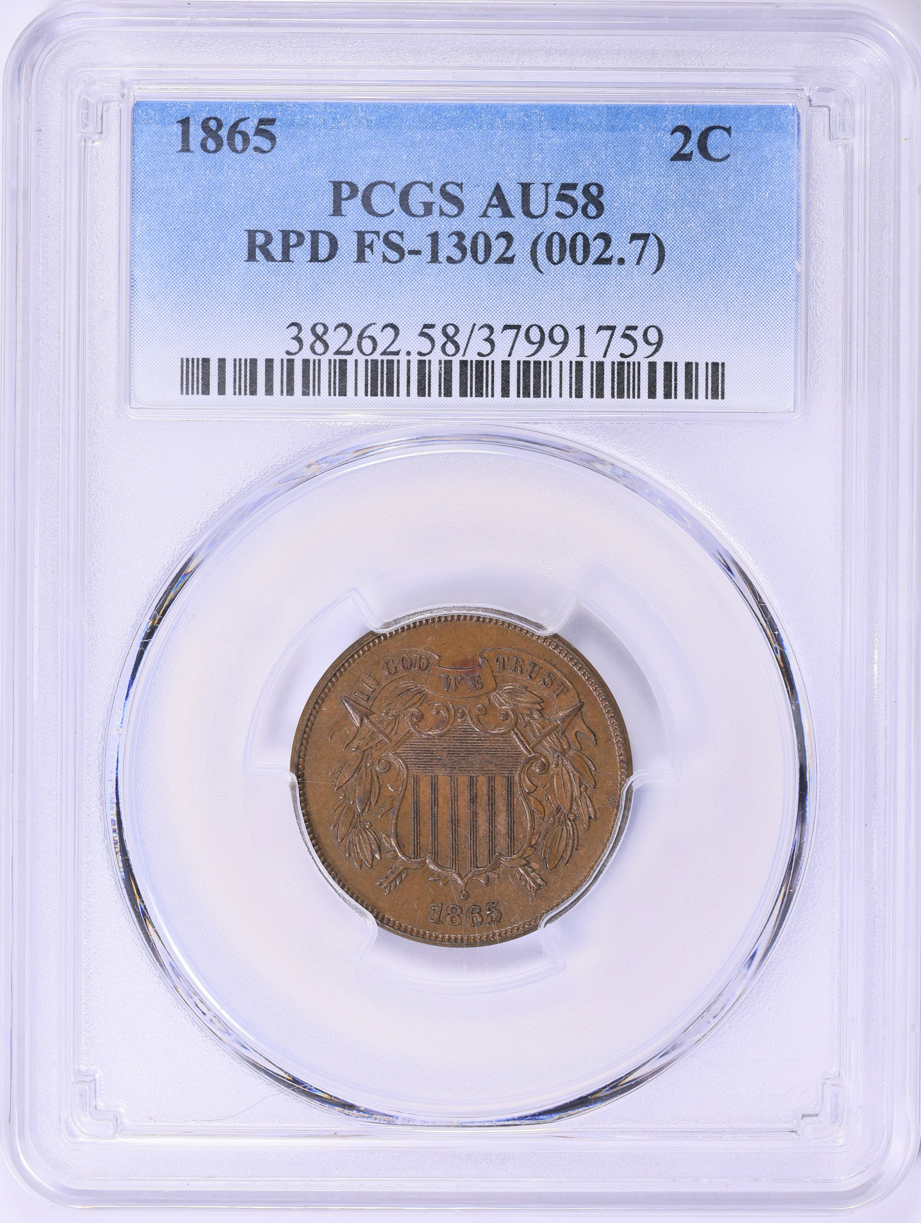 1865 Two-Cent Piece Fancy 5, RPD FS-1302 (002.7) PCGS AU-58 BN (Item 1860866) | GreatCollections ...