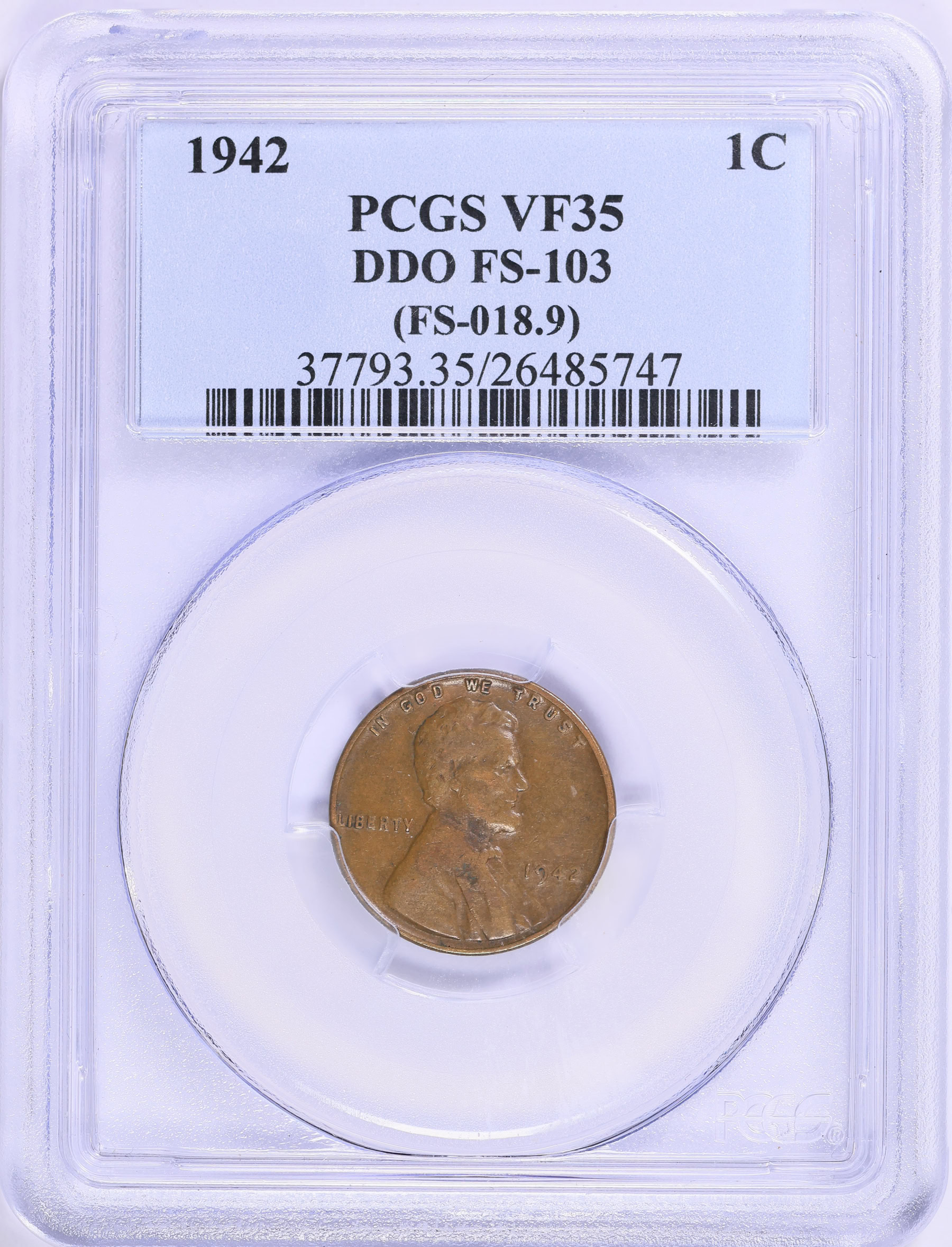 1942 Lincoln Cent Doubled Die Obverse FS-103 (018.9) PCGS VF-35 BN (Item 1860909 ...