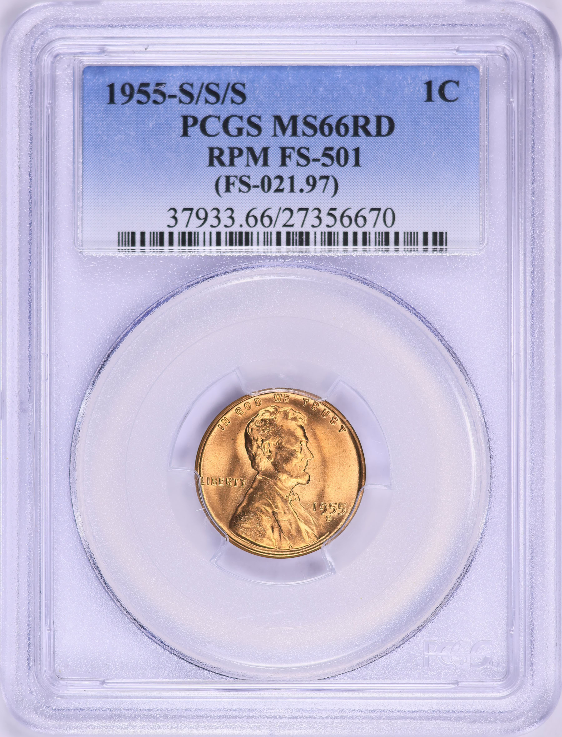 1955-S/S/S Lincoln Cent Repunched Mintmark FS-501 (FS-021.97) PCGS MS-66 RD (Item 1860913 ...
