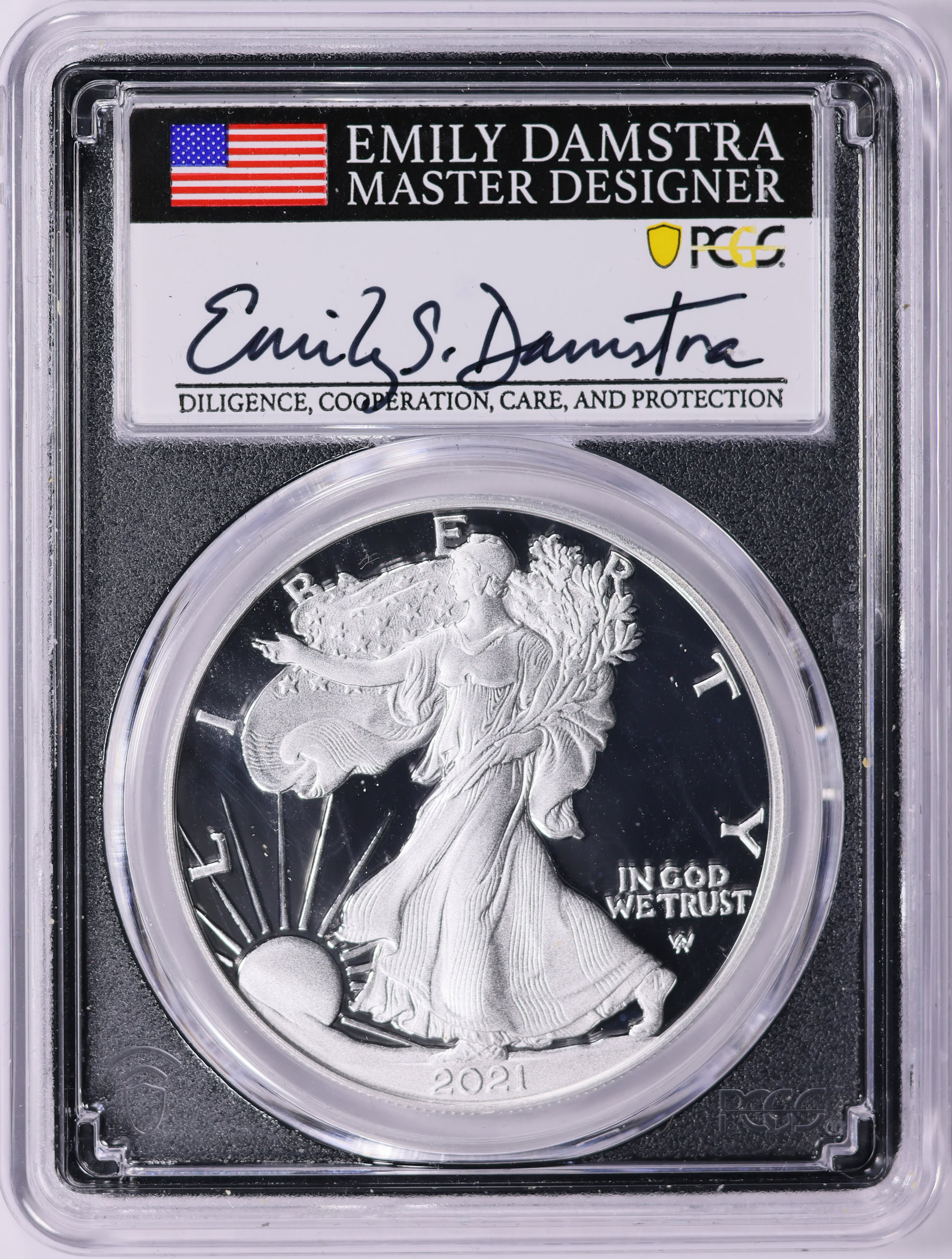 2021-W $1 Silver Eagle Type 2 First Day of Issue Proof-70 DCAM (Emily Damstra Signed Label ...