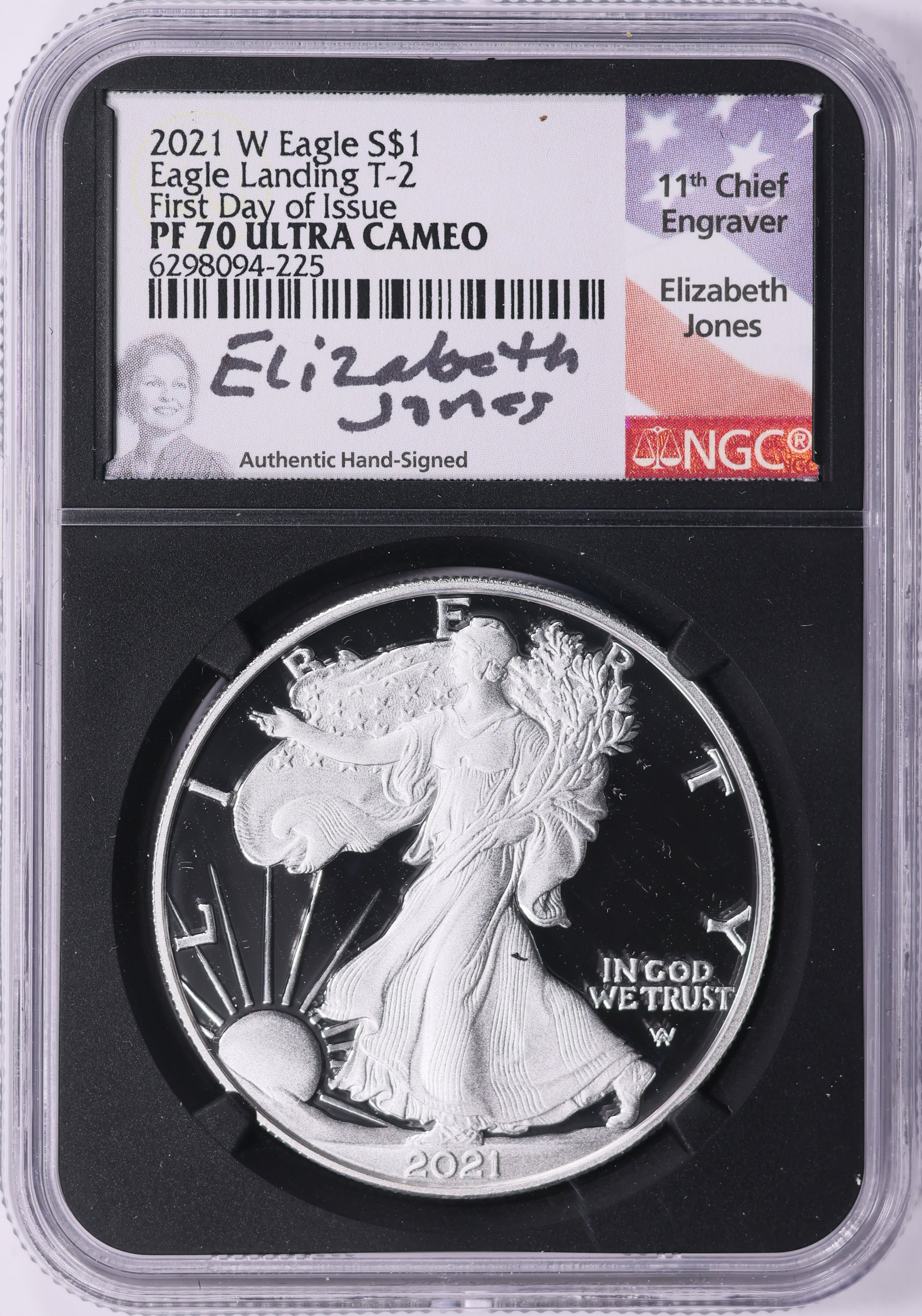 2021-W $1 Silver Eagle Type 2 First Day of Issue NGC Proof-70 UC (Elizabeth Jones Signed Label ...