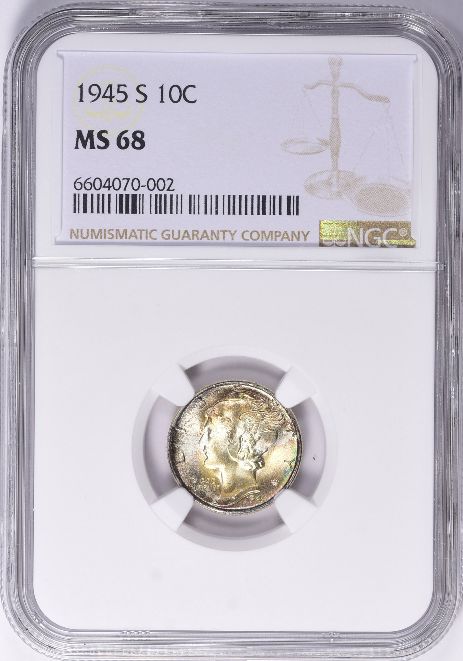 1945-S Mercury Dime NGC MS-68 (Toned) (Item 1861411) | GreatCollections Coin Auctions