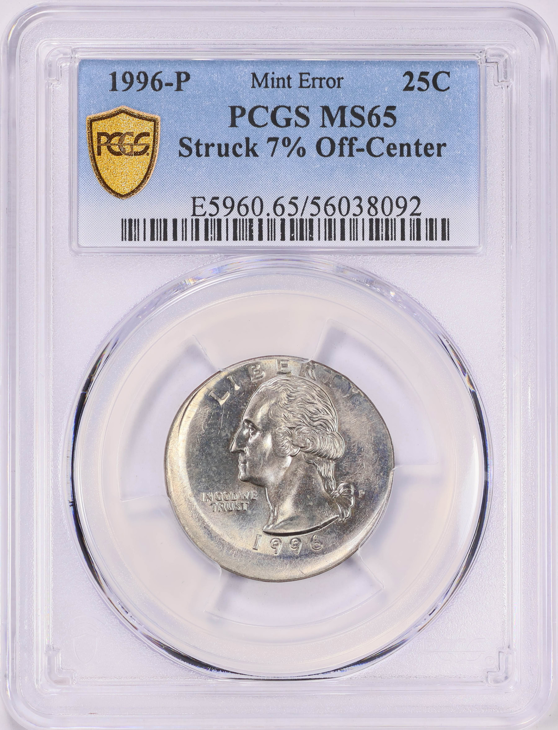 Mint Error 1996-P Washington Quarter Struck 7% Off-Center PCGS MS-65 ...